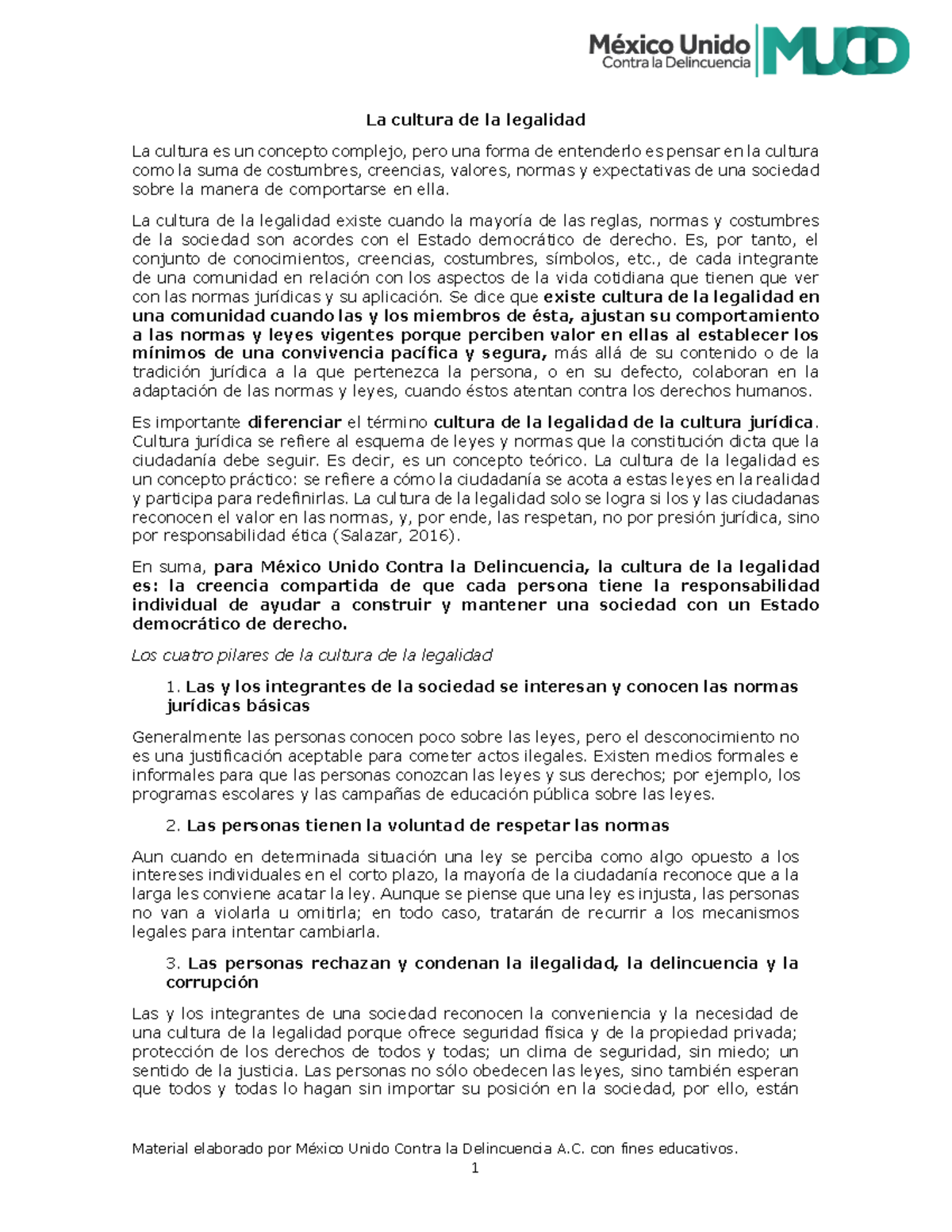 Lectura Cultura de la legalidad - Material elaborado por MÈxico Unido ...