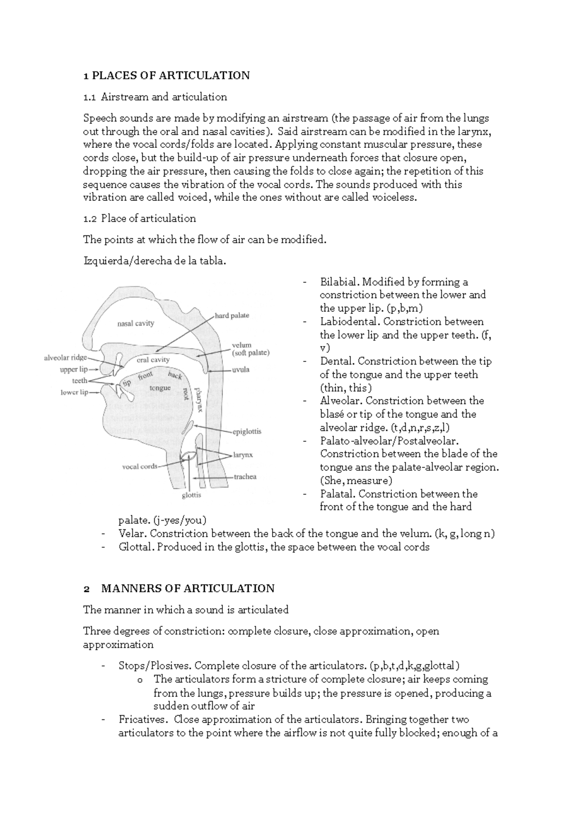 theory notes from class and readings - 1 PLACES OF ARTICULATION 1 ...