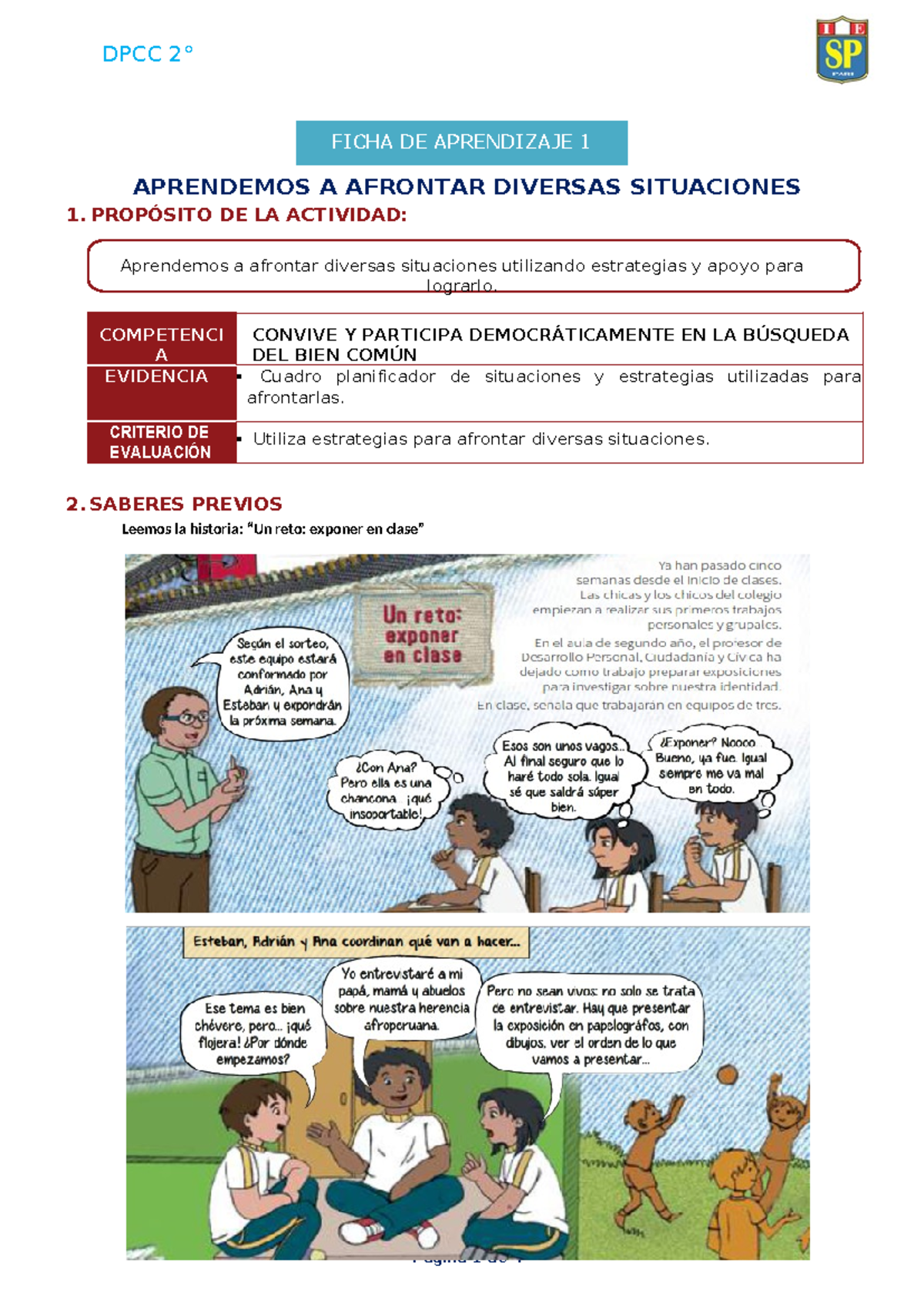 Ficha DE Aprendizaje 1 - APRENDEMOS A AFRONTAR DIVERSAS SITUACIONES 1 ...