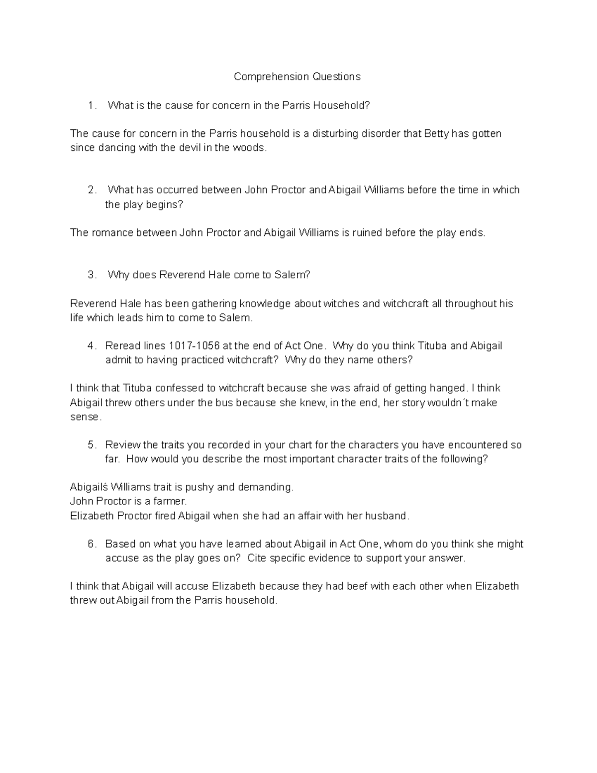 The Crucible Act 1 - Assignments throughout the year. - Comprehension ...