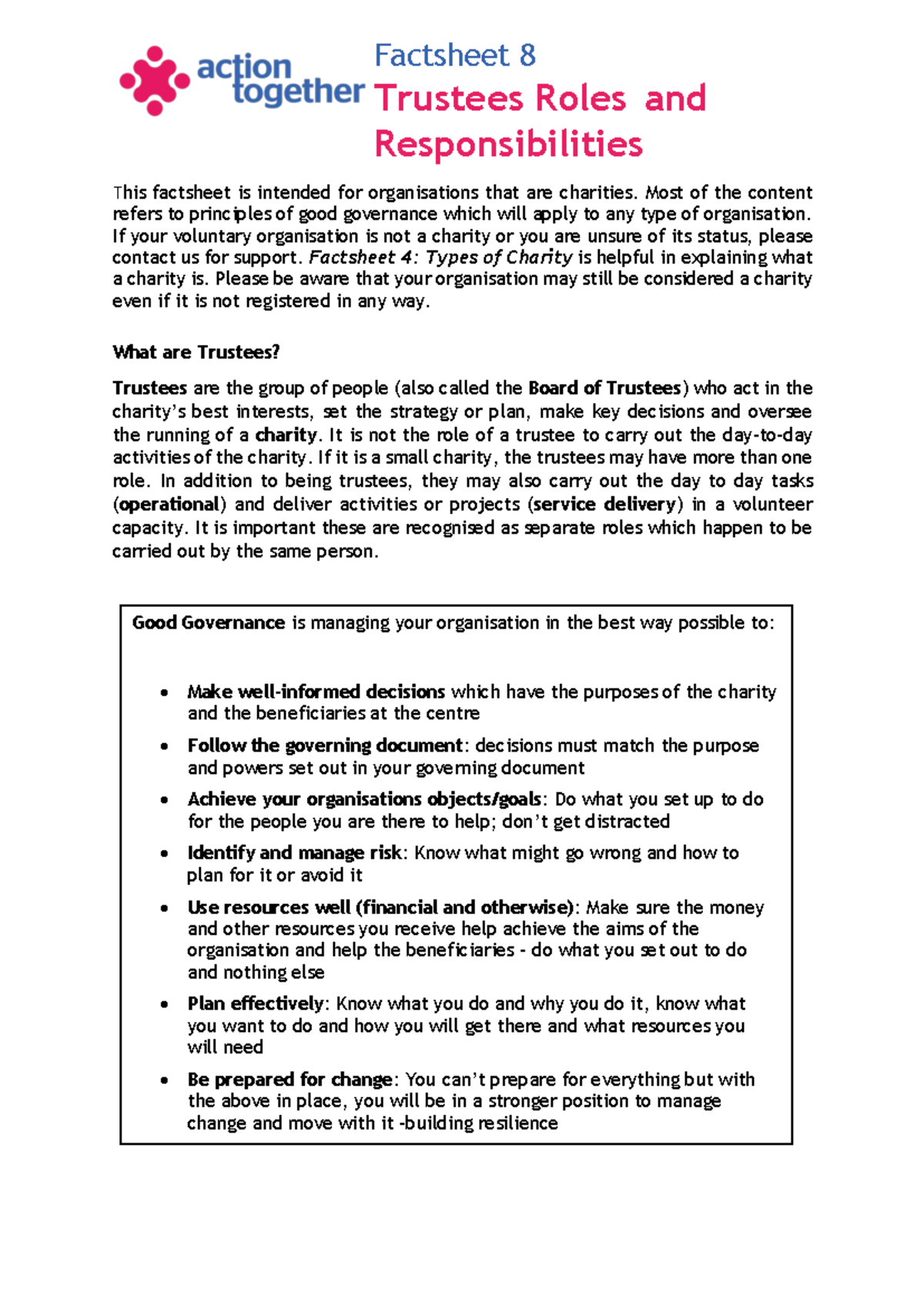 Factsheet 8 - Trustees Roles AND Responsibilities - This factsheet is intended for organisations ...