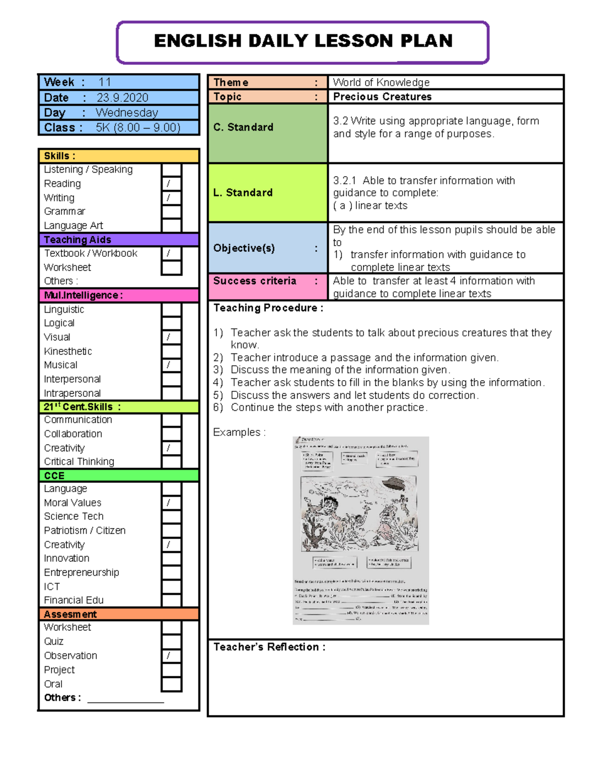 English Daily Lesson PLAN 23.9.2020 5k - ENGLISH DAILY LESSON PLAN ...