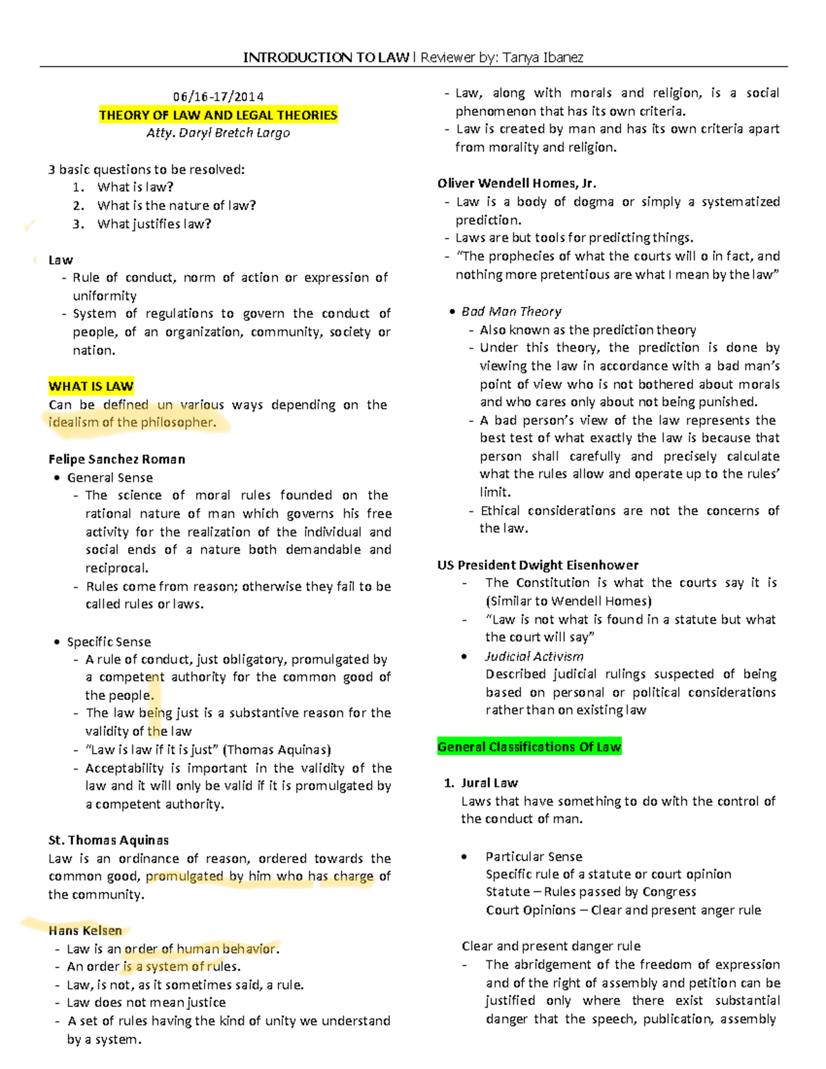 Intro TO LAW Notes 1 - 06/16-17/ THEORY OF LAW AND LEGAL THEORIES Atty ...