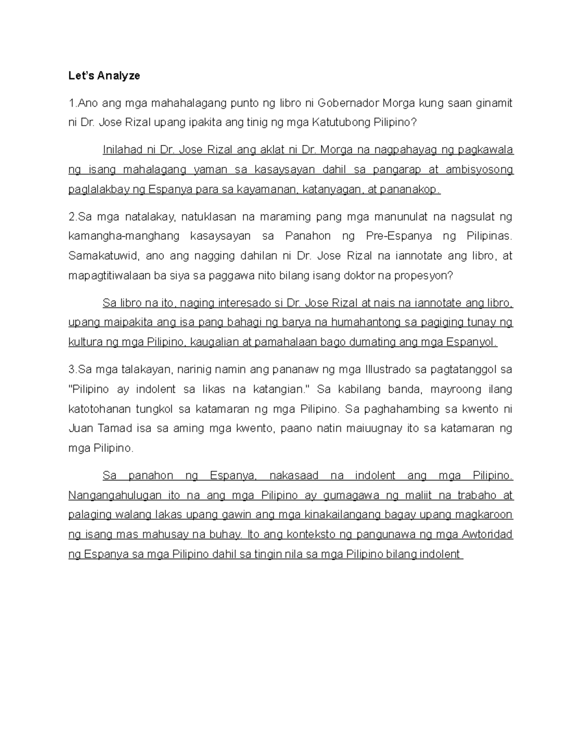 Assignment 6 - Rizal - Let’s Analyze 1 ang mga mahahalagang punto ng ...