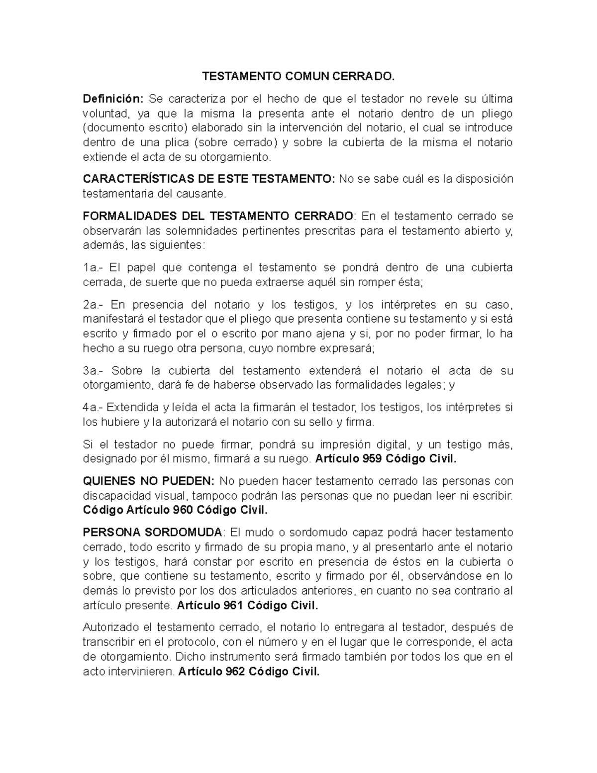 Testamento Común Cerrado - TESTAMENTO COMUN CERRADO. Definición: Se ...