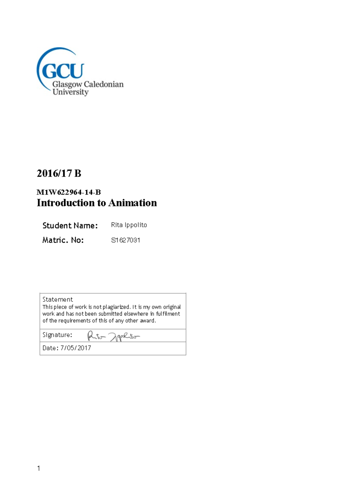 Final Report Animation - ! 2016/17 B M1W622964-14-B Introduction to ...