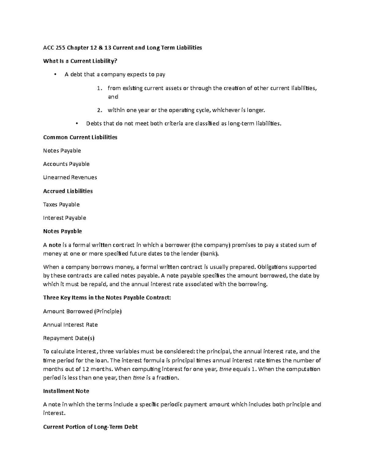 Chapter 12 and 13 - ACC 255 Chapter 12 & 13 Current and Long Term ...