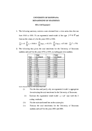 1.Tutorial 1 Fitting Linear Trend STA 114 - University of Botswana Department of Statistics STA ...