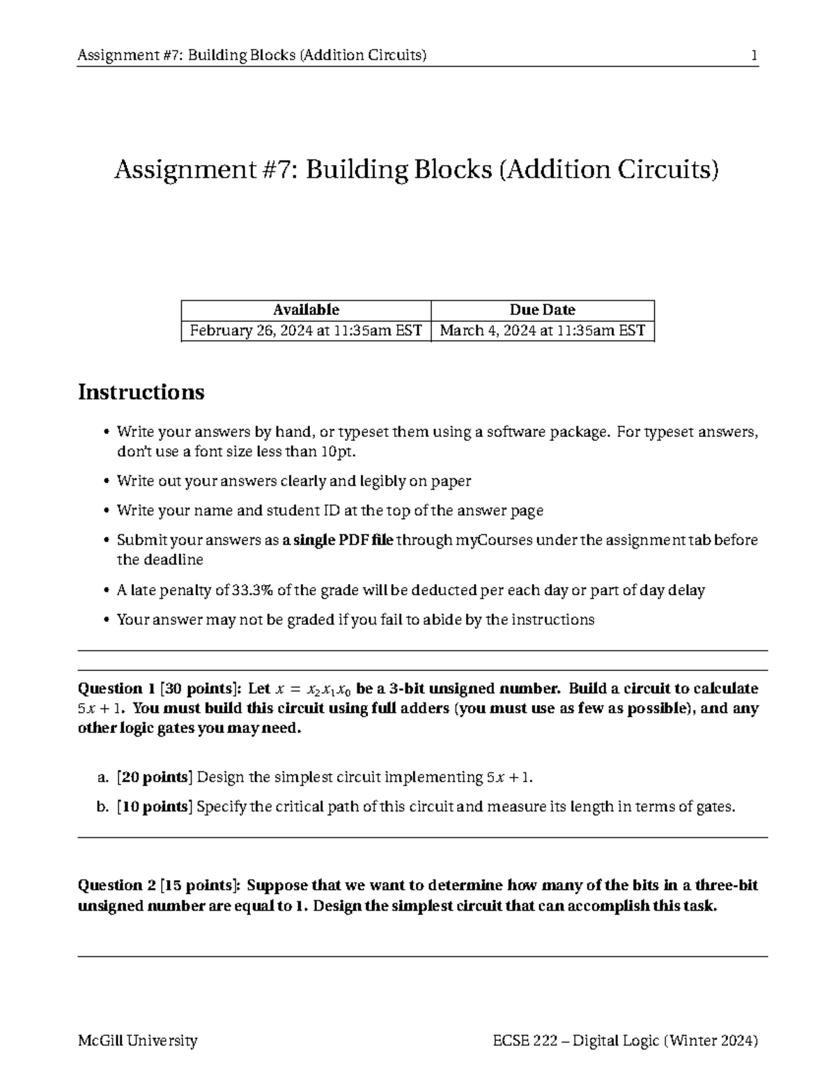 Assignment#7 - ads - Assignment #7: Building Blocks (Addition Circuits ...