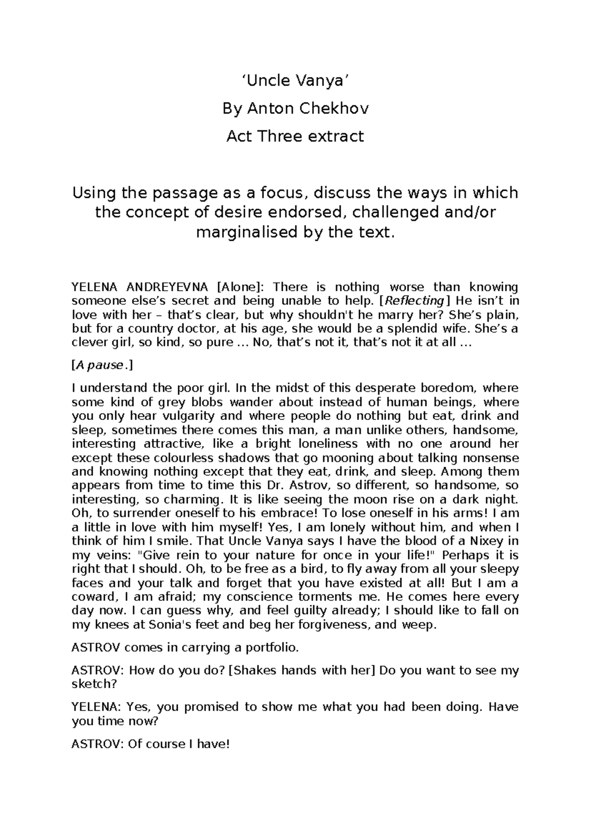 Sample Passage Yelena's soliloquy Act Three - ‘Uncle Vanya’ By Anton ...