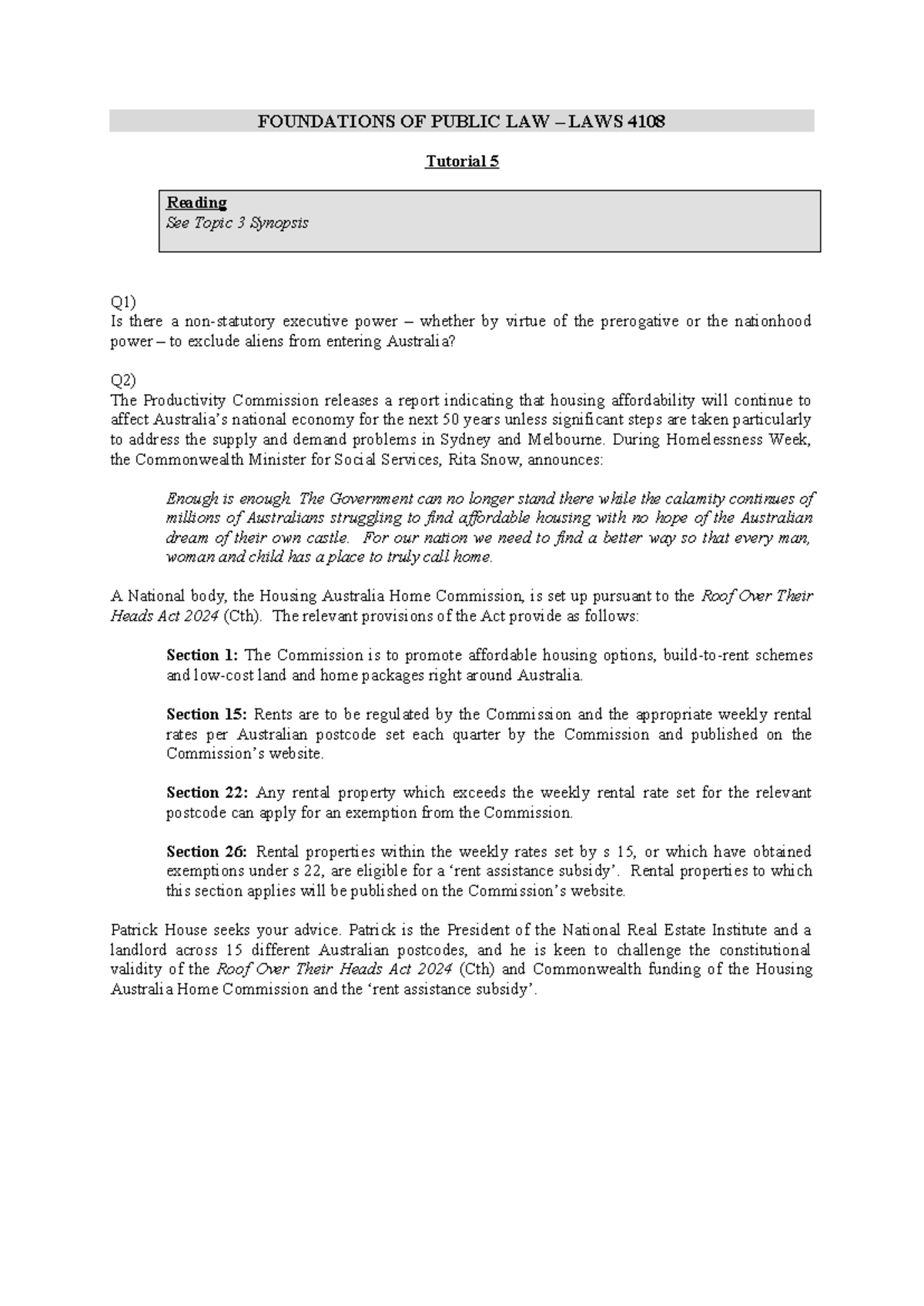 Tutorial 5 Question -Exec Power Pt 2 - FOUNDATIONS OF PUBLIC LAW – LAWS ...