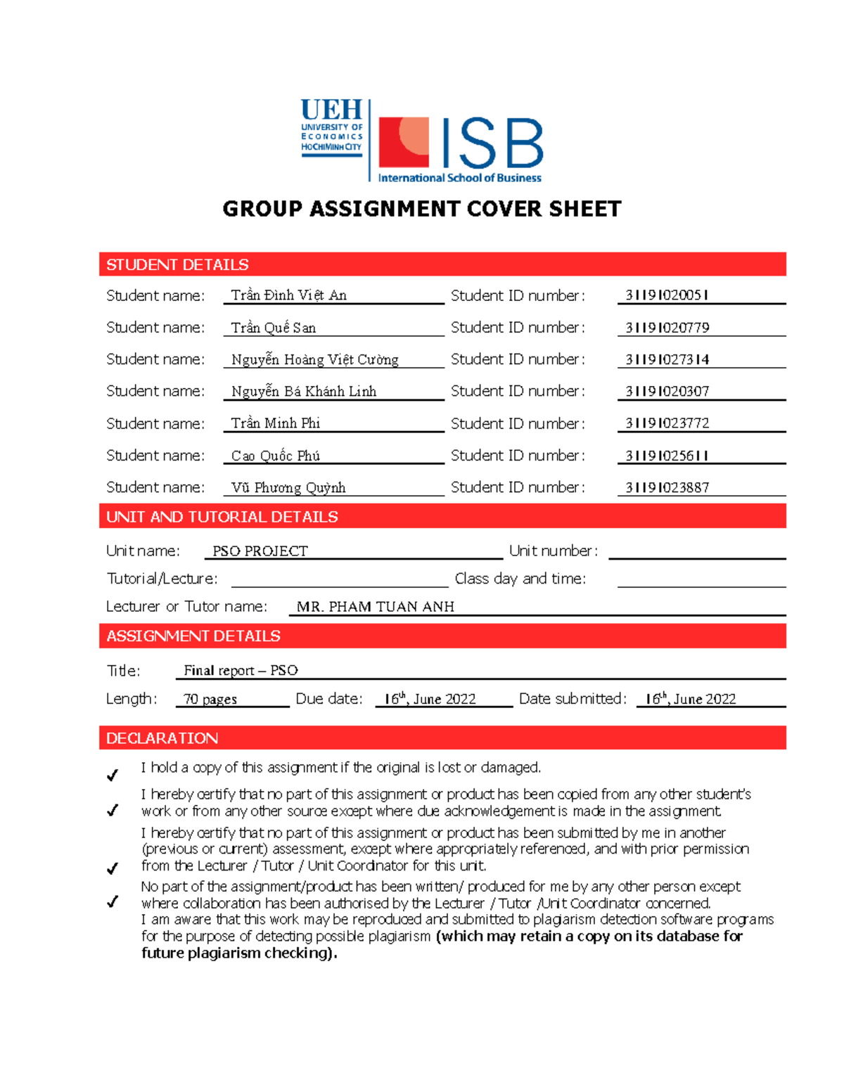Final report Group 1 PSOF2 - GROUP ASSIGNMENT COVER SHEET STUDENT ...