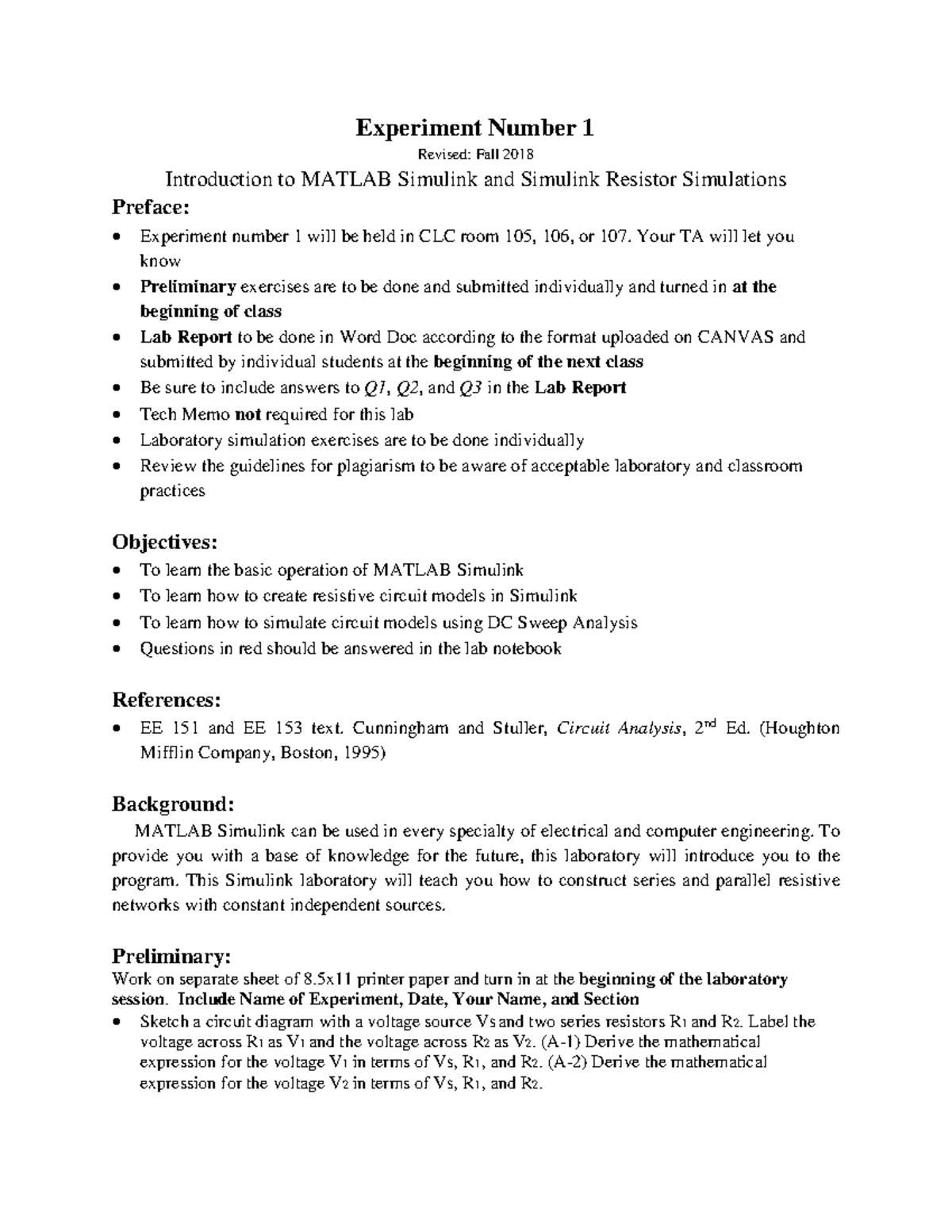 EE2201 Lab1 - Matlab Simulink and Simulink Resistor Simulations - 7 - Experiment Number 1 ...