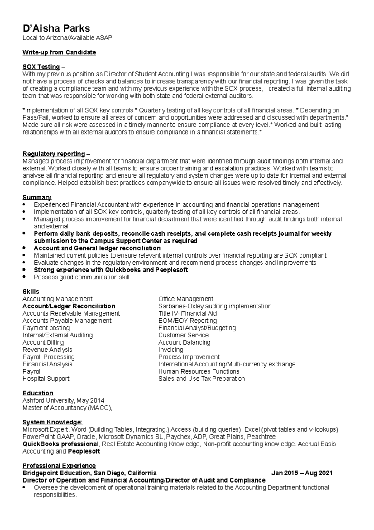 D Aisha Parks - Assignment - D’Aisha Parks Local to Arizona/Available ...