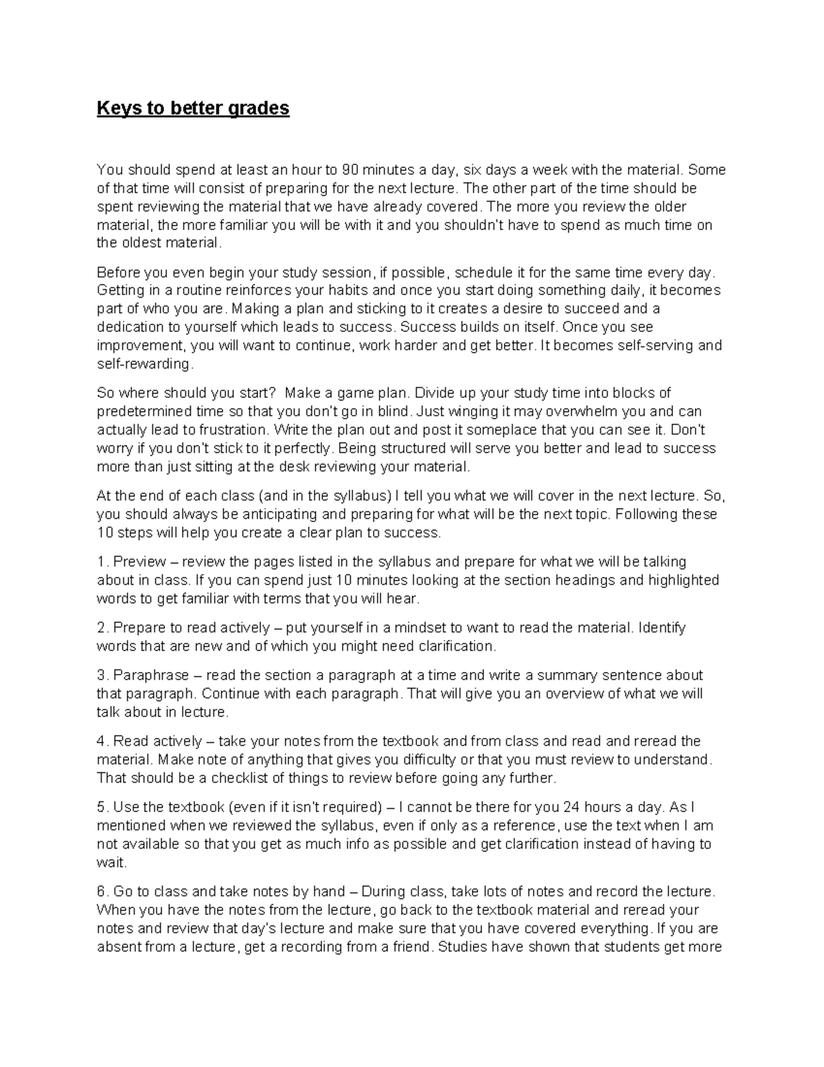 10 Steps to Better Grades - Keys to better grades You should spend at ...