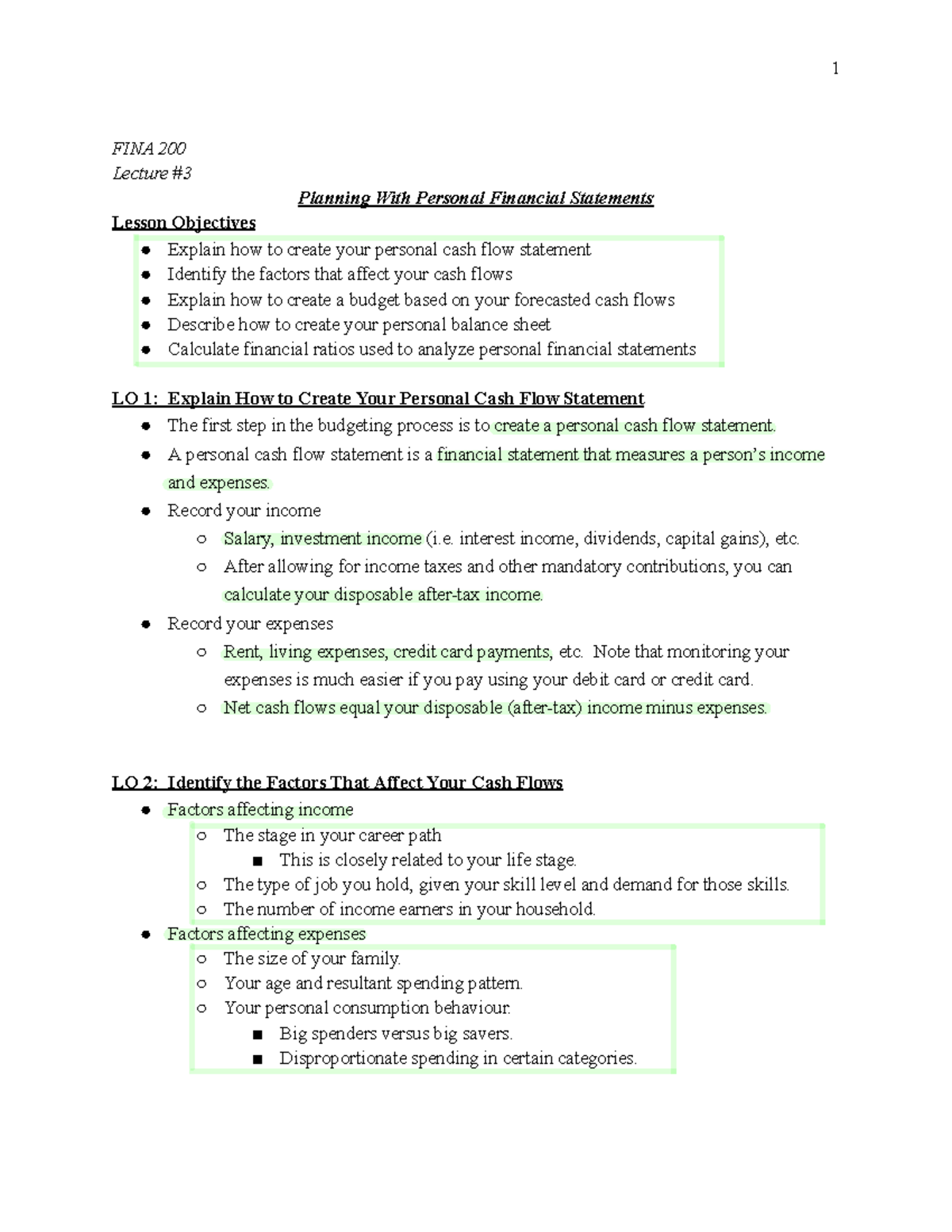 Lecture #3 - FINA 200 Lecture # Planning With Personal Financial ...