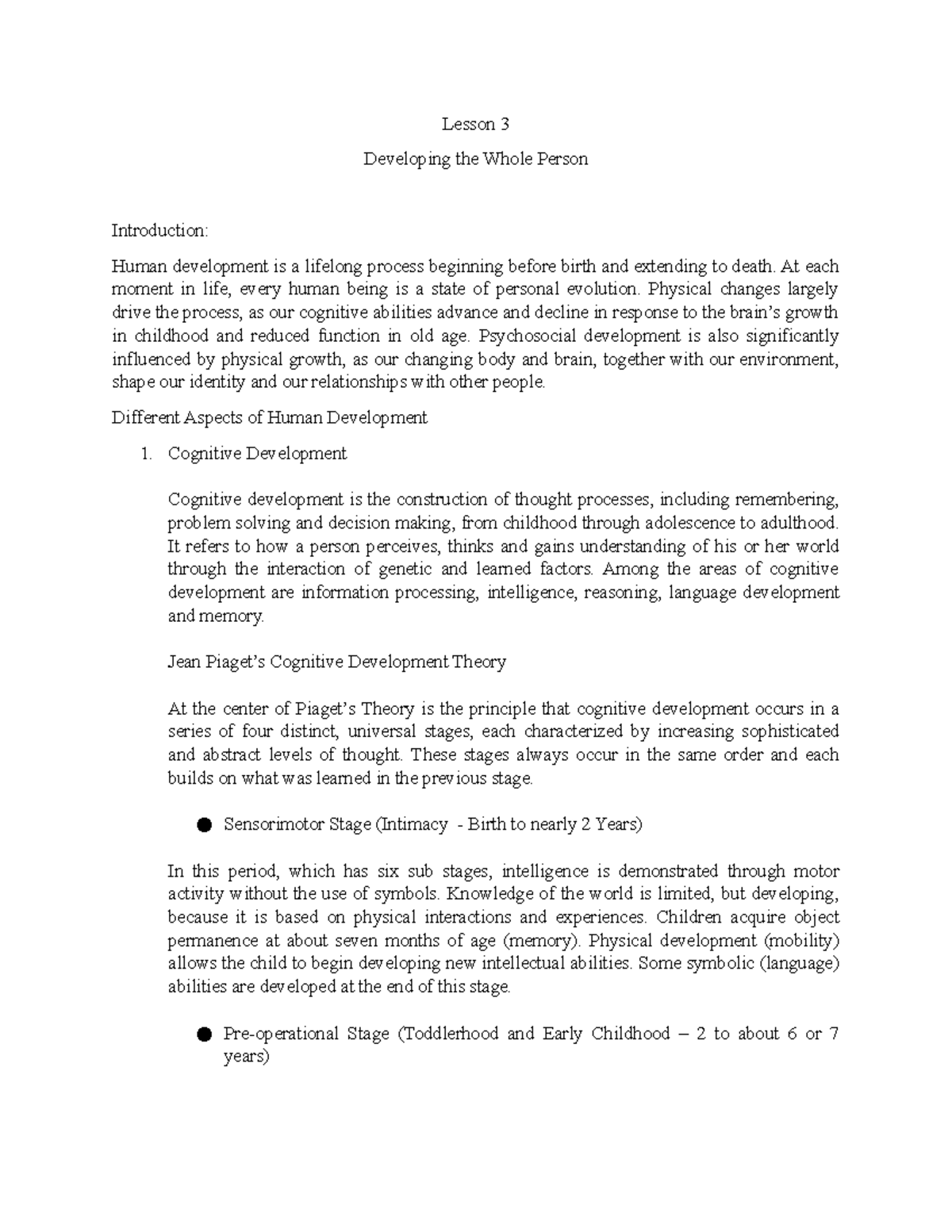 Lesson 3 - Lesson 3 Developing the Whole Person Introduction: Human ...
