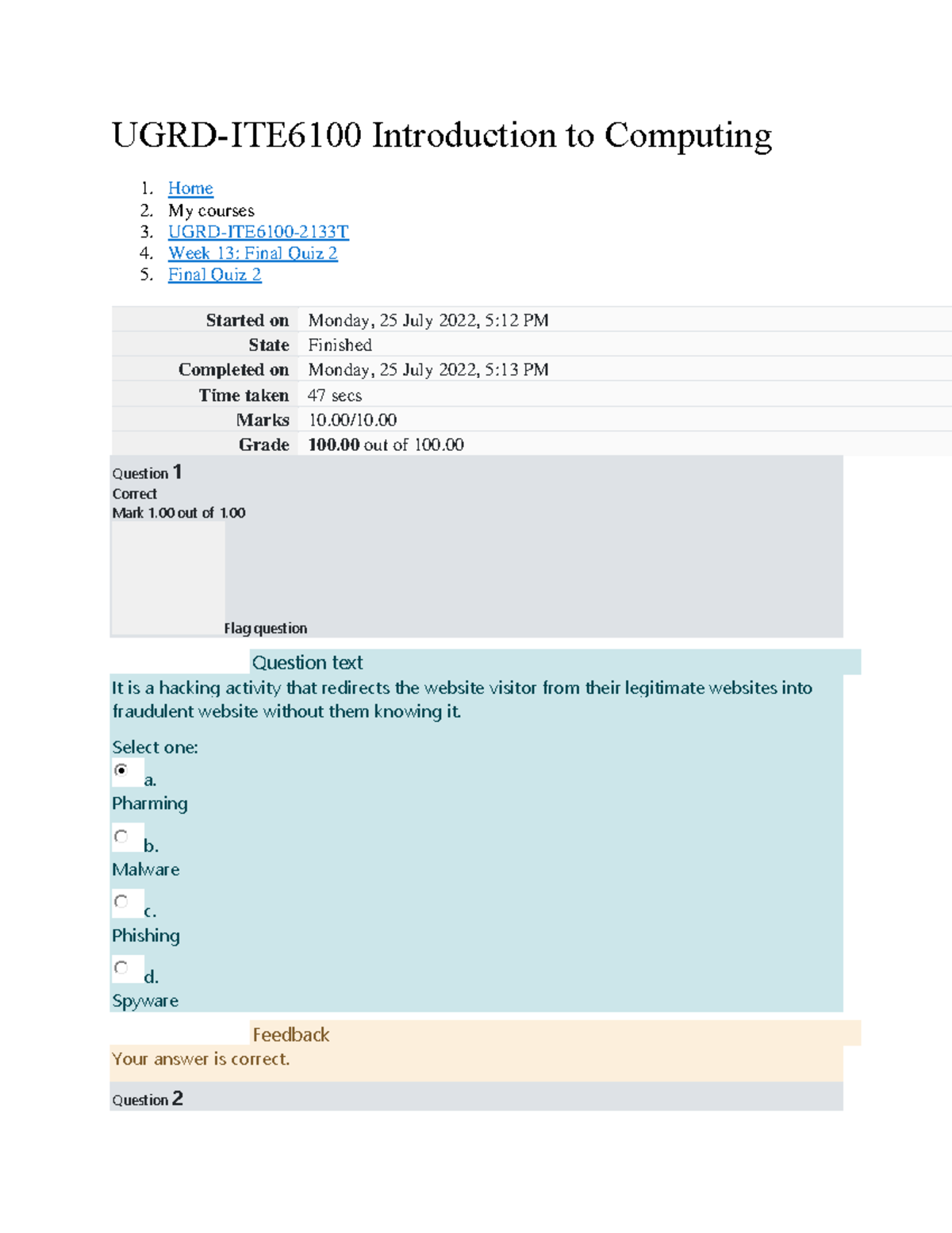 Final QUIZ 2 Introduction OF Computer - UGRD-ITE6100 Introduction to Computing Home My courses ...