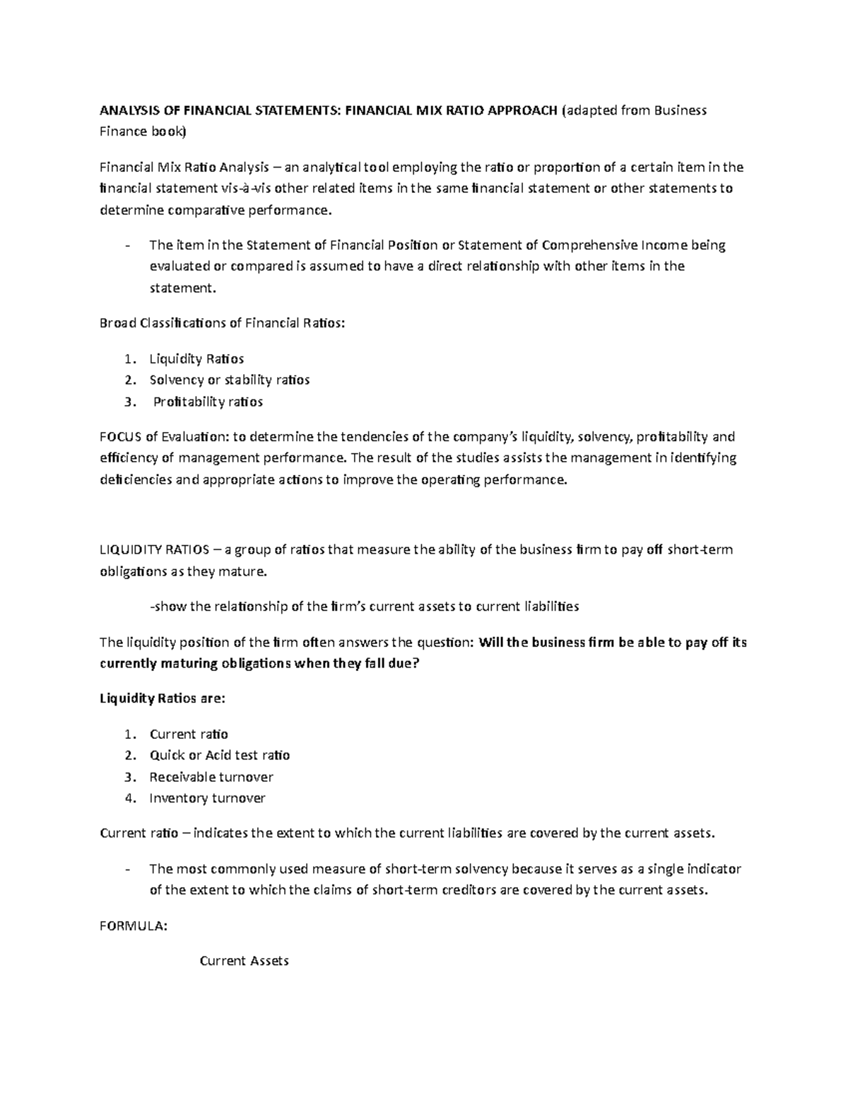 Analysis OF Financial Statements-mix ratio approach-Liquidity Ratios ...