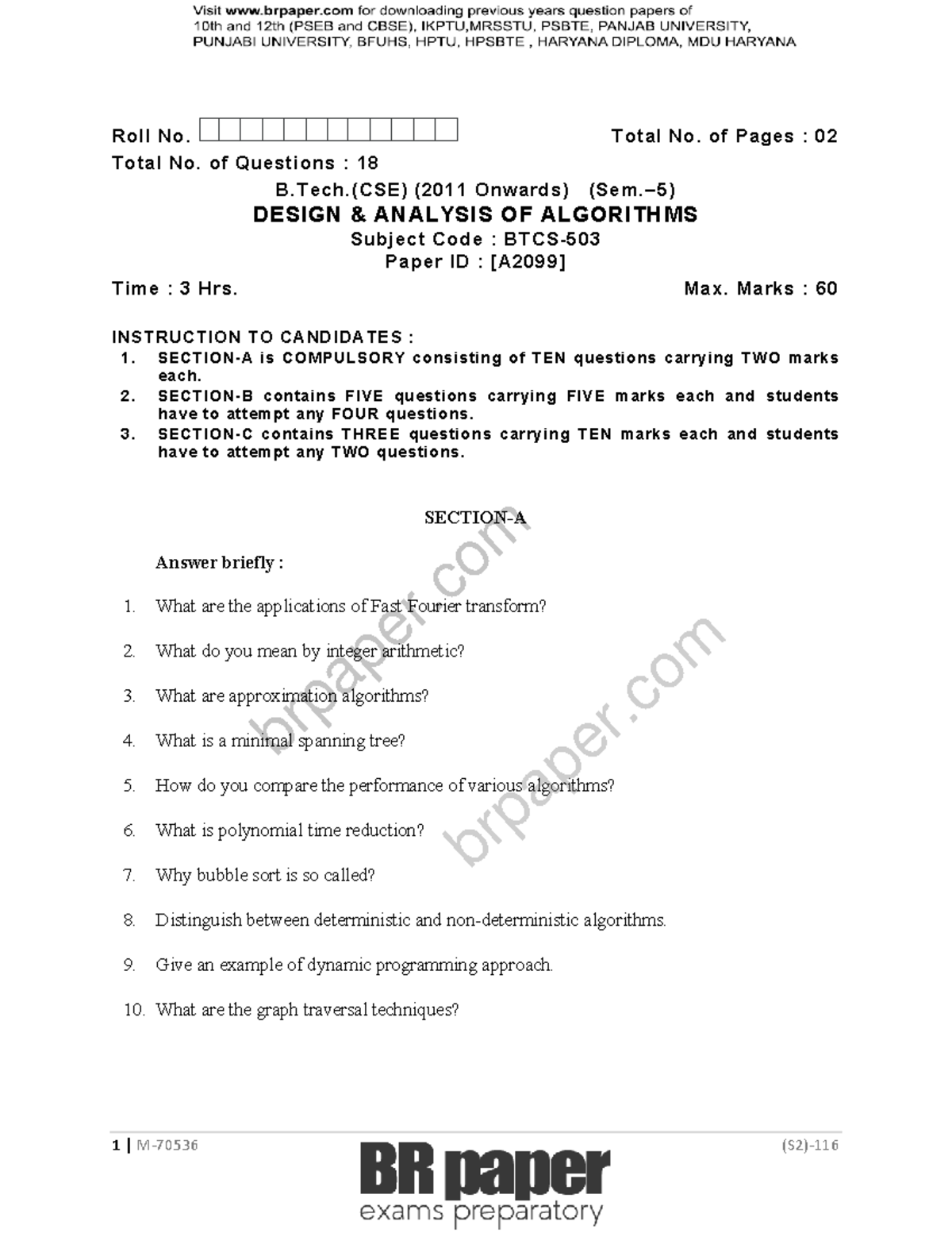 DAA(5th)Dec2018 - Previous year University Question Paper of DAA of PTU ...