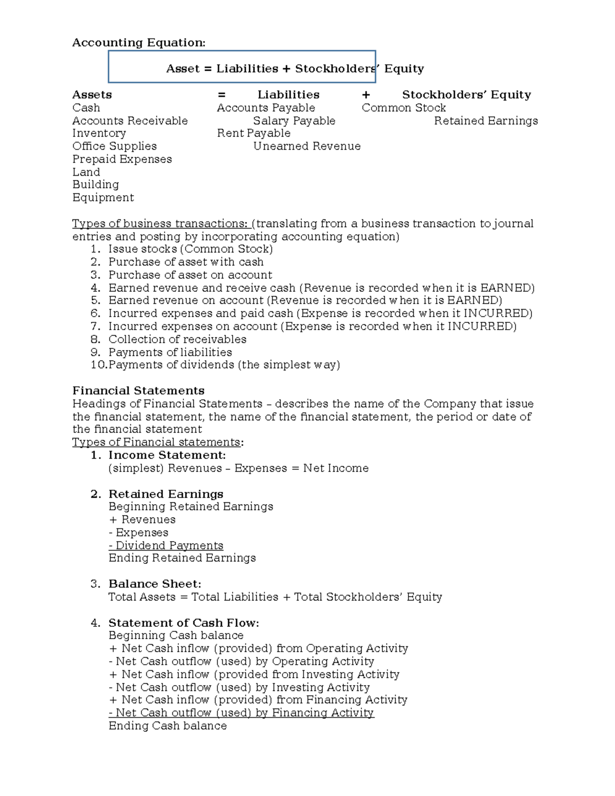 Accounting Equation - Lecture notes ch1 - Accounting Equation: Asset ...