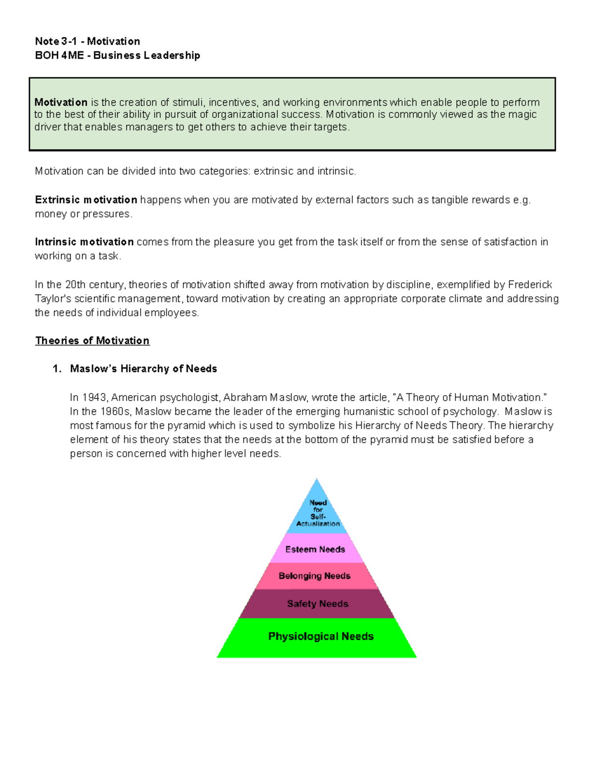 BOH - Note 3-1 - Motivation - Note 3-1 - Motivation BOH 4ME - Business ...