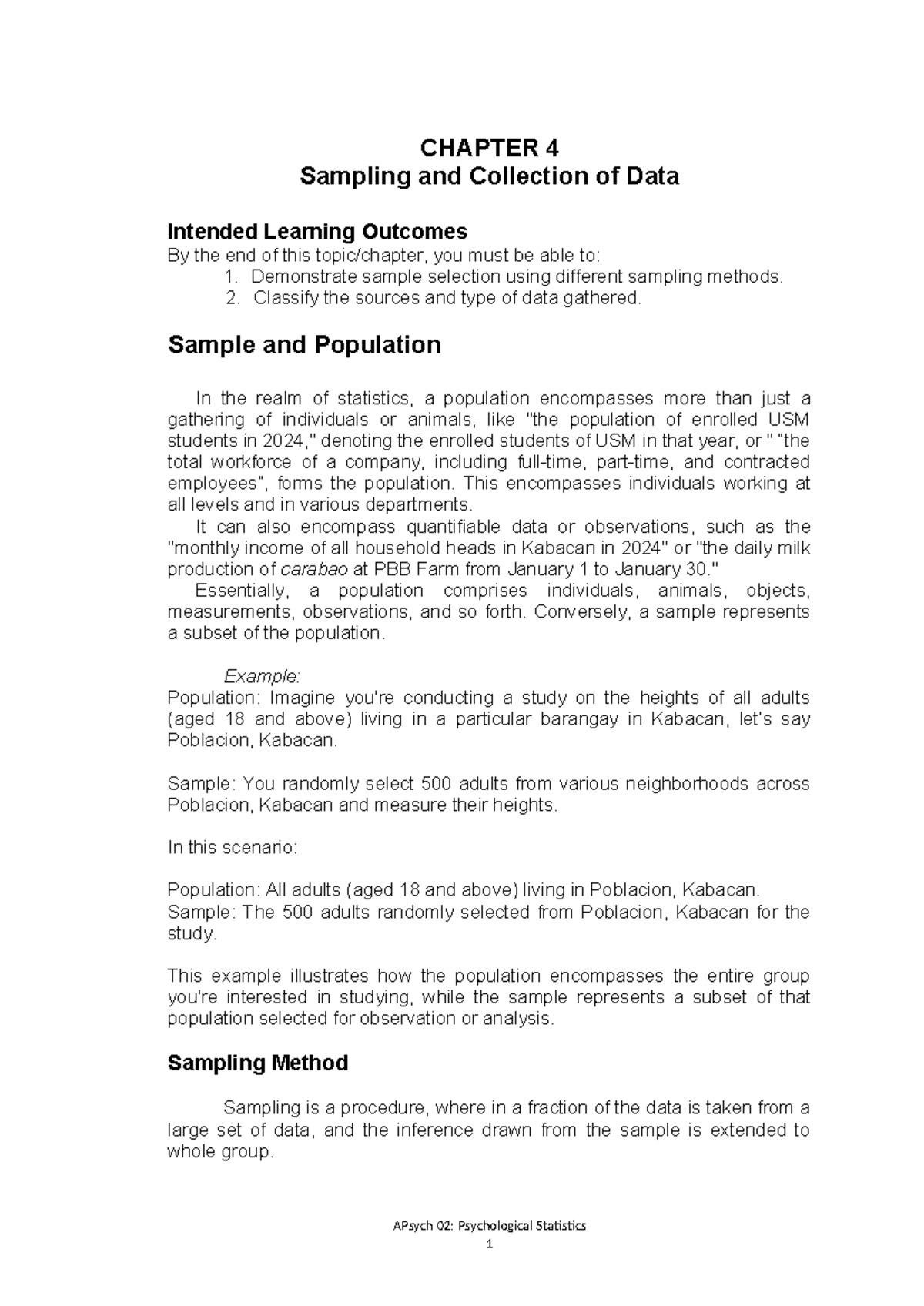 IM Psych Chapter 4 - CHAPTER 4 Sampling and Collection of Data Intended Learning Outcomes By the ...