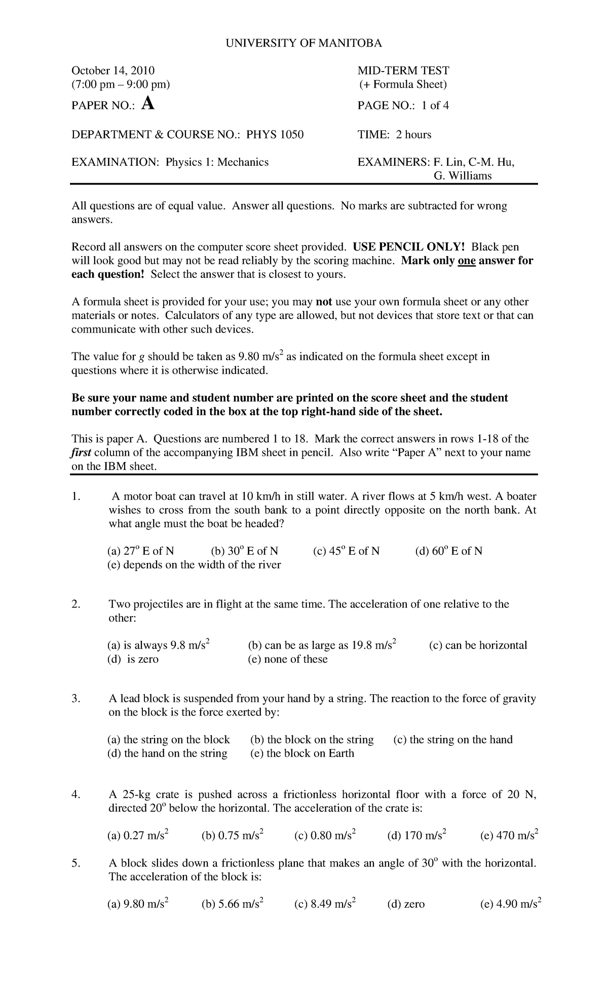 Sample Midterm 2010 - Past Paper - October 14, 2010 MID-TERM TEST (7:00 ...