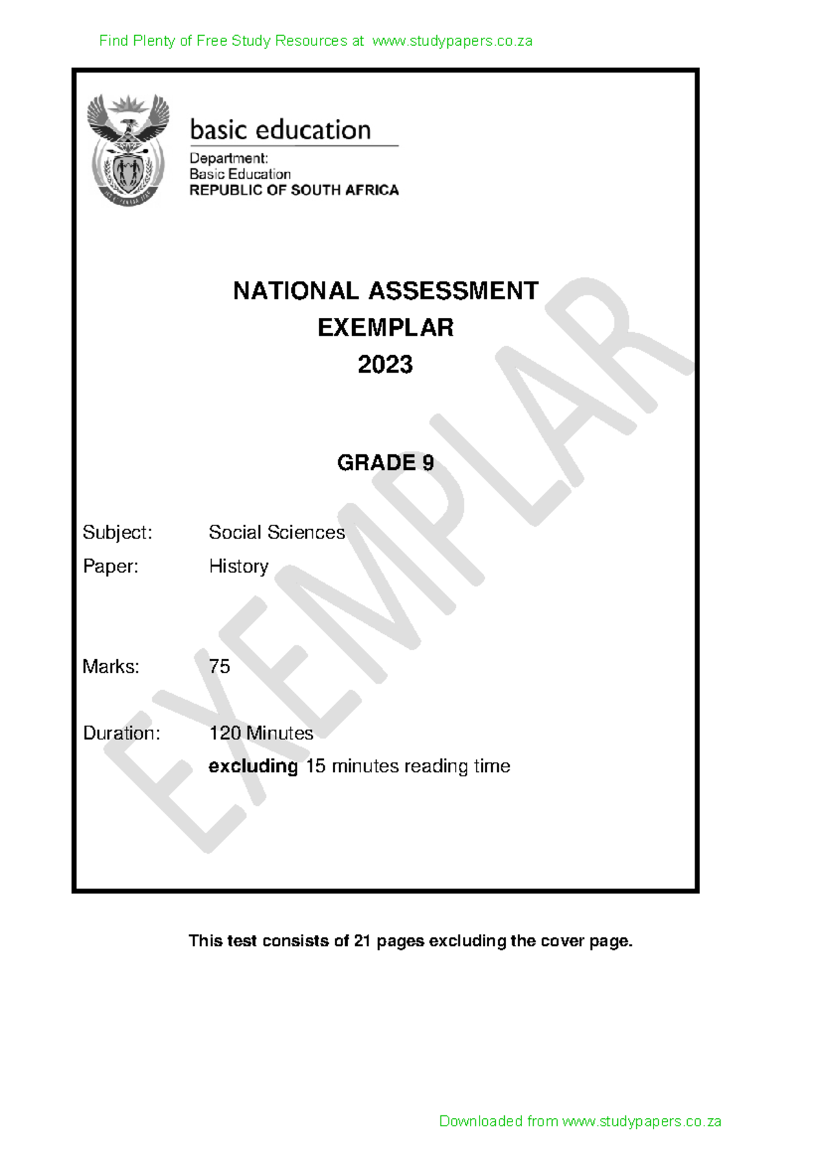 Grade 9 History English Test - NATIONAL ASSESSMENT EXEMPLAR 2023 GRADE ...