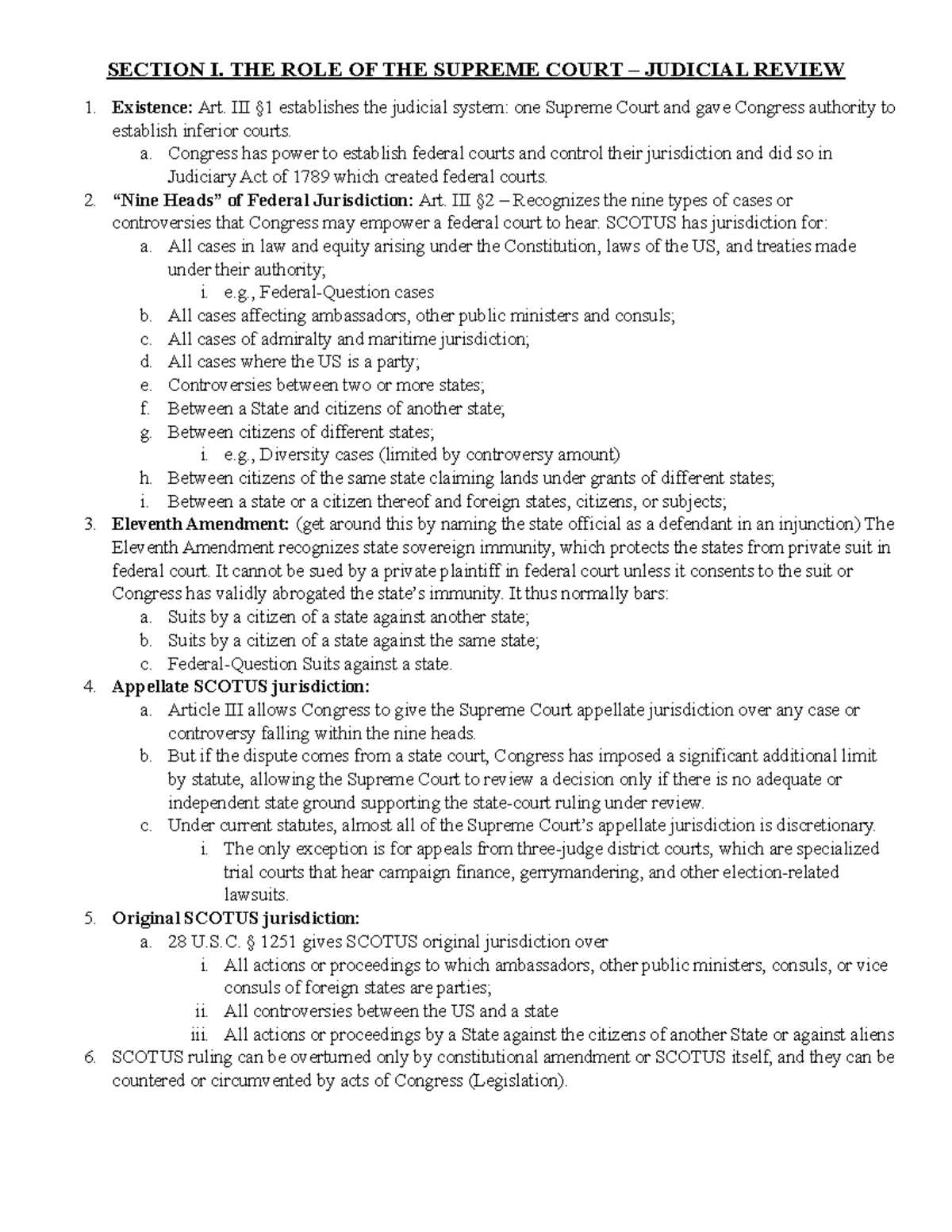 Fall 2023 - Con Law I Outline - SECTION I. THE ROLE OF THE SUPREME ...
