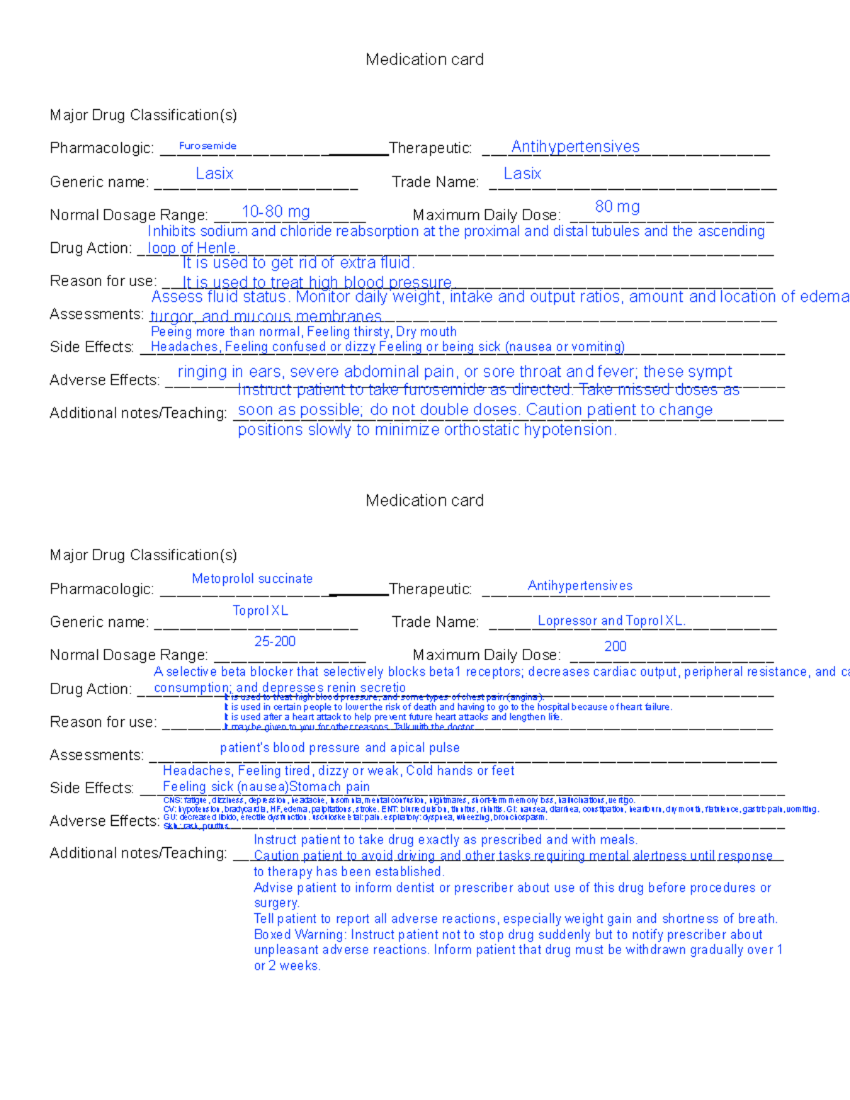 Medication card template - Medication card Major Drug Classification(s ...