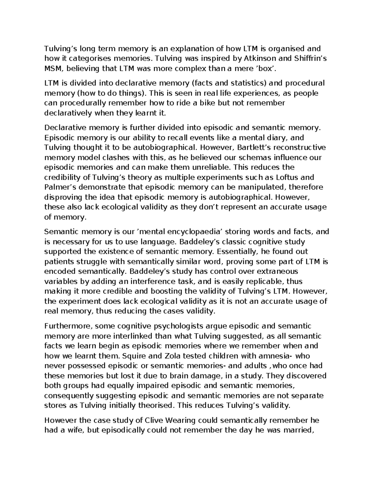 Tulving LTM 8marker - Tulving’s long term memory is an explanation of ...