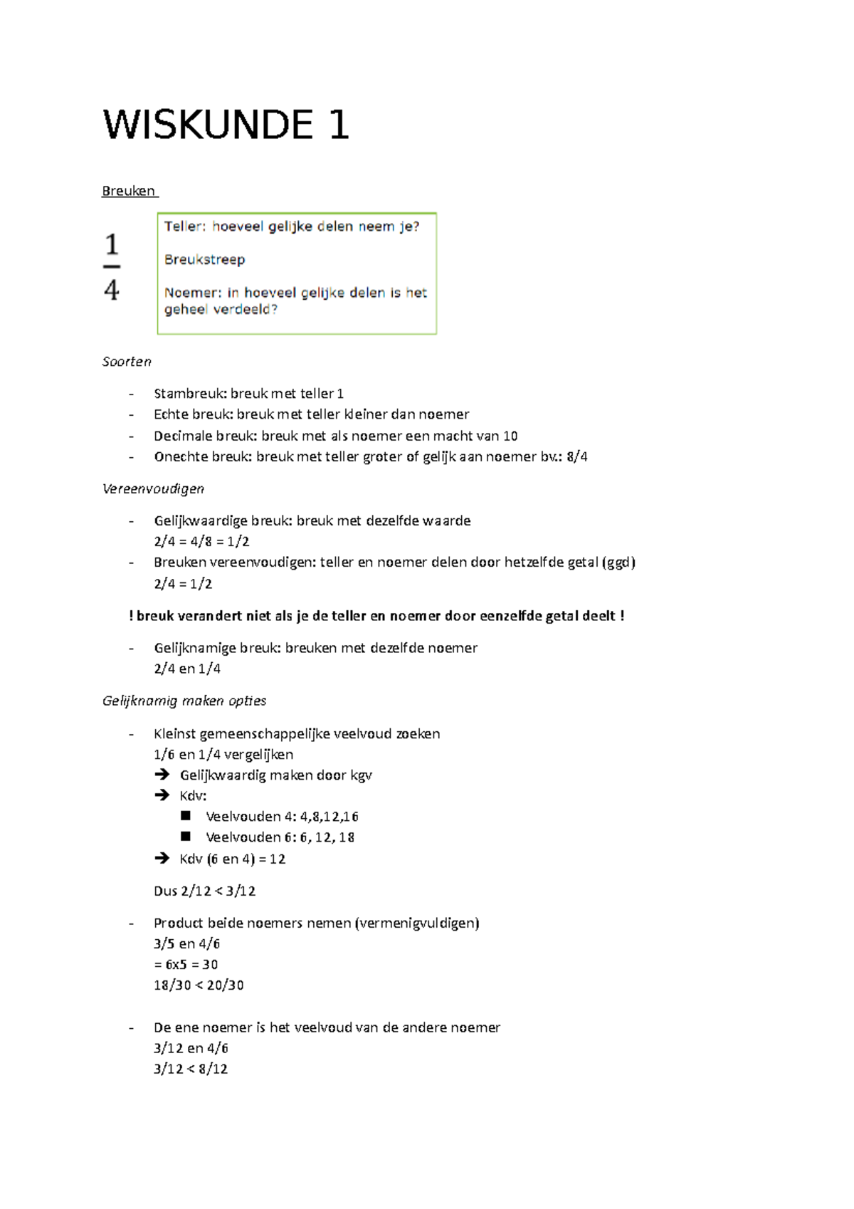 Wiskunde 1 - ................ - WISKUNDE 1 Breuken Soorten Stambreuk ...