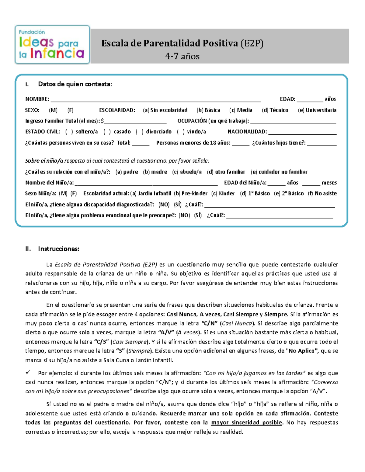 E2P Escala Parentalidad Positiva 4 -7 años - Escala de Parentalidad Positiva (E2P) 4 - 7 años I ...