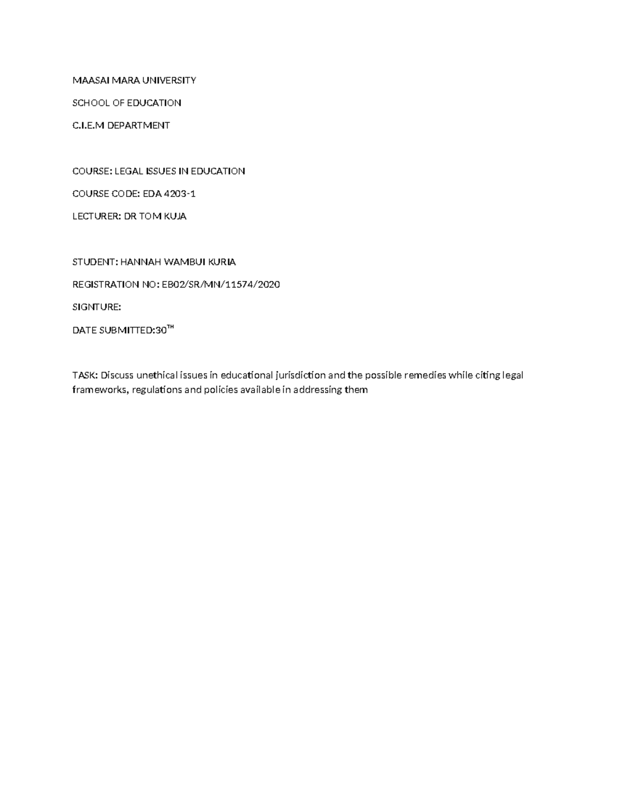 Assignment EDA - MAASAI MARA UNIVERSITY SCHOOL OF EDUCATION C.I.E ...