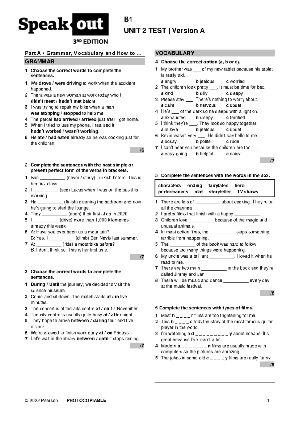 Revision Unit 2 - © 2022 Pearson PHOTOCOPIABLE 1 B UNIT 2 TEST ...