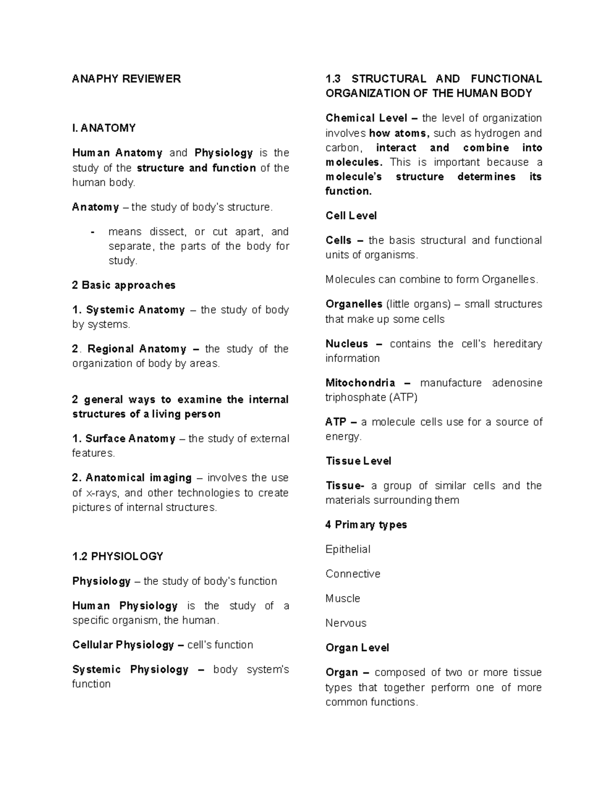 NOTES AND REVIEWER FOR ANATOMY AND PHYSIOLOGY - ANAPHY REVIEWER I ...