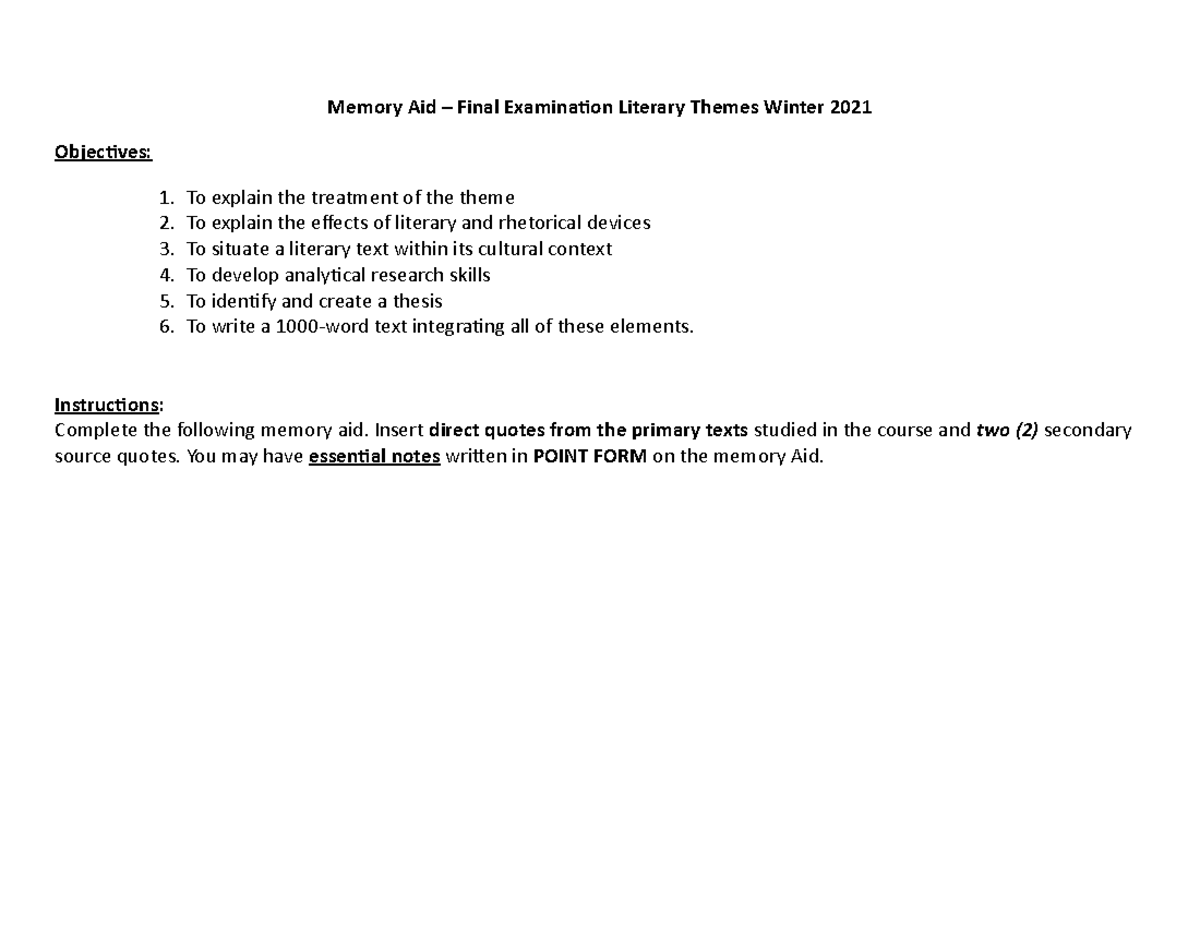 Final memory aid - i dont know - Memory Aid – Final Examination ...