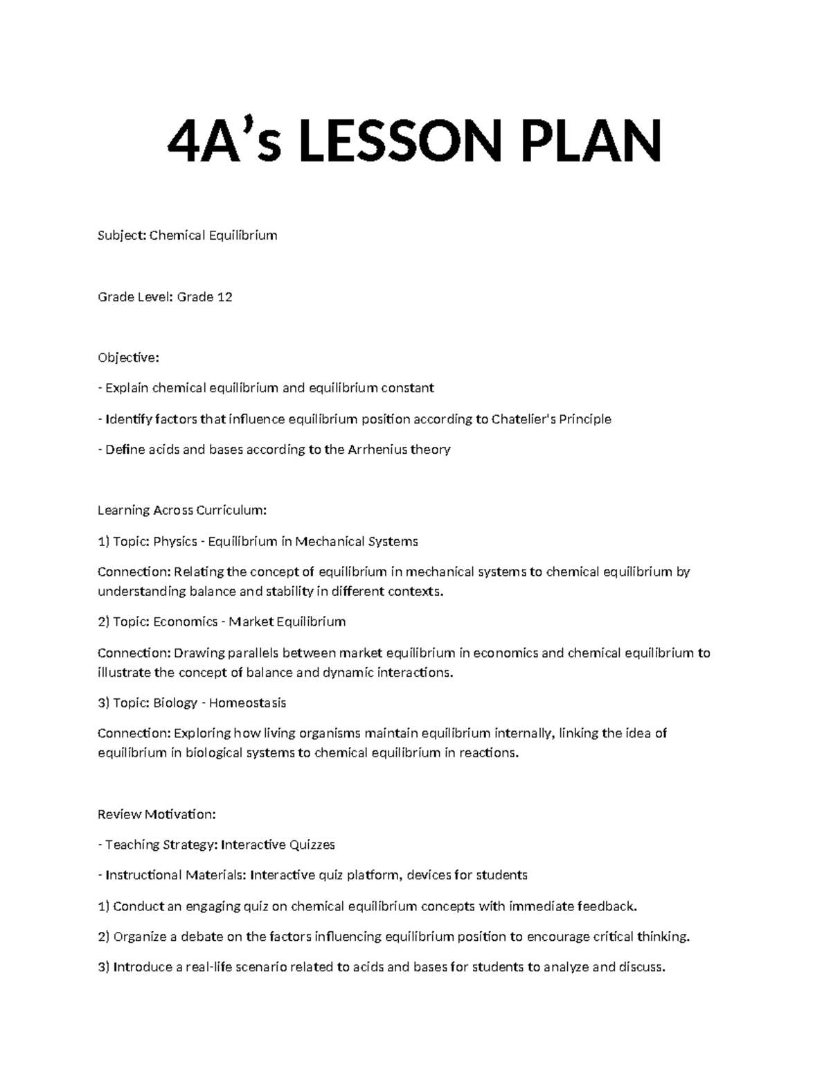 4A's Lesson Plan - 4A’s LESSON PLAN Subject: Chemical Equilibrium Grade ...