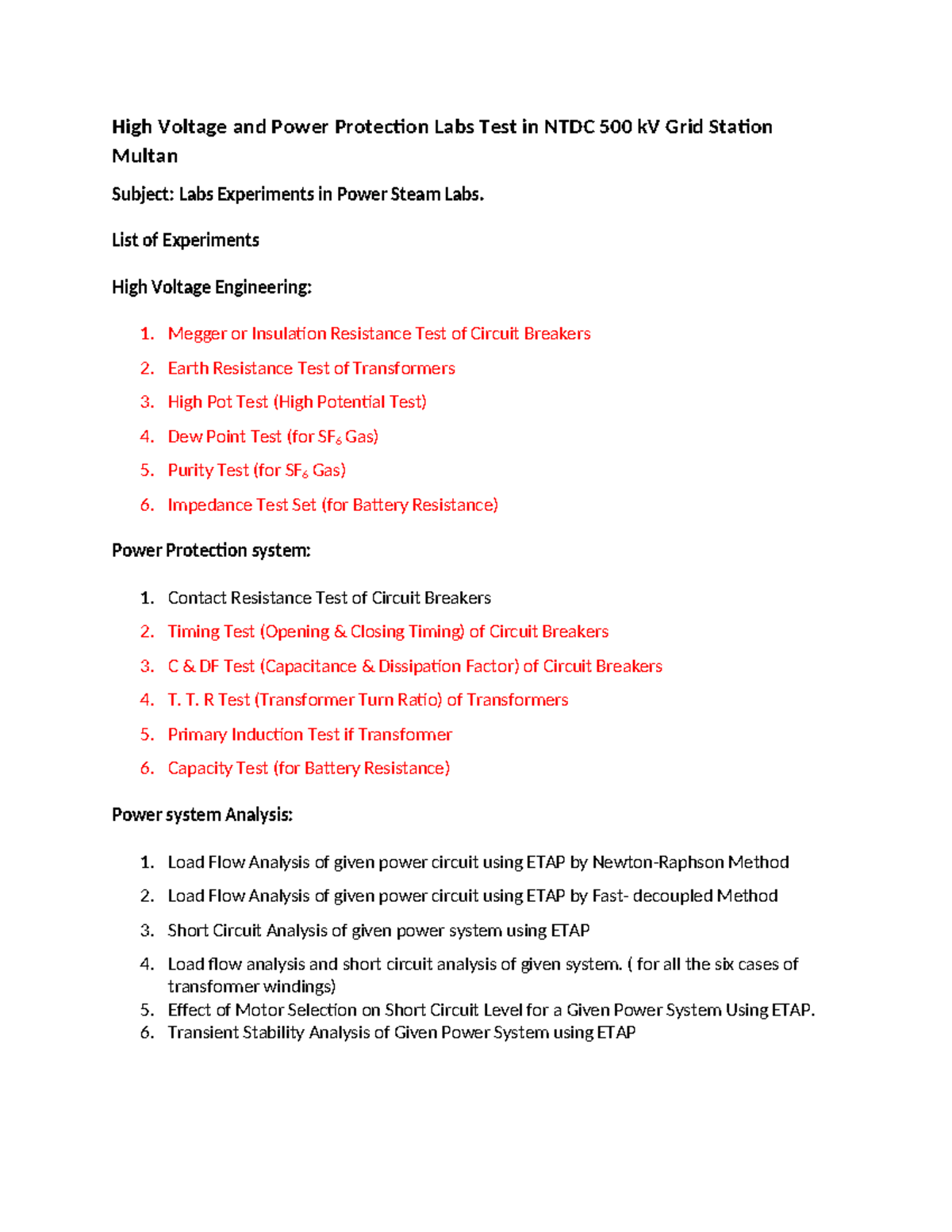 High voltage and Power Protection Lab Test - List of Experiments High ...
