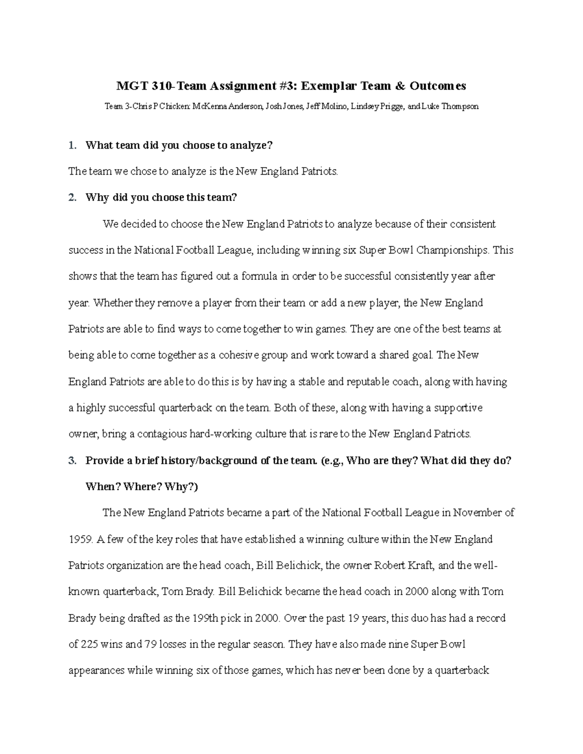 MGT 310- Exemplar TEAM & Outcomes Assignment - MGT 310-Team Assignment #3: Exemplar Team & - Studocu