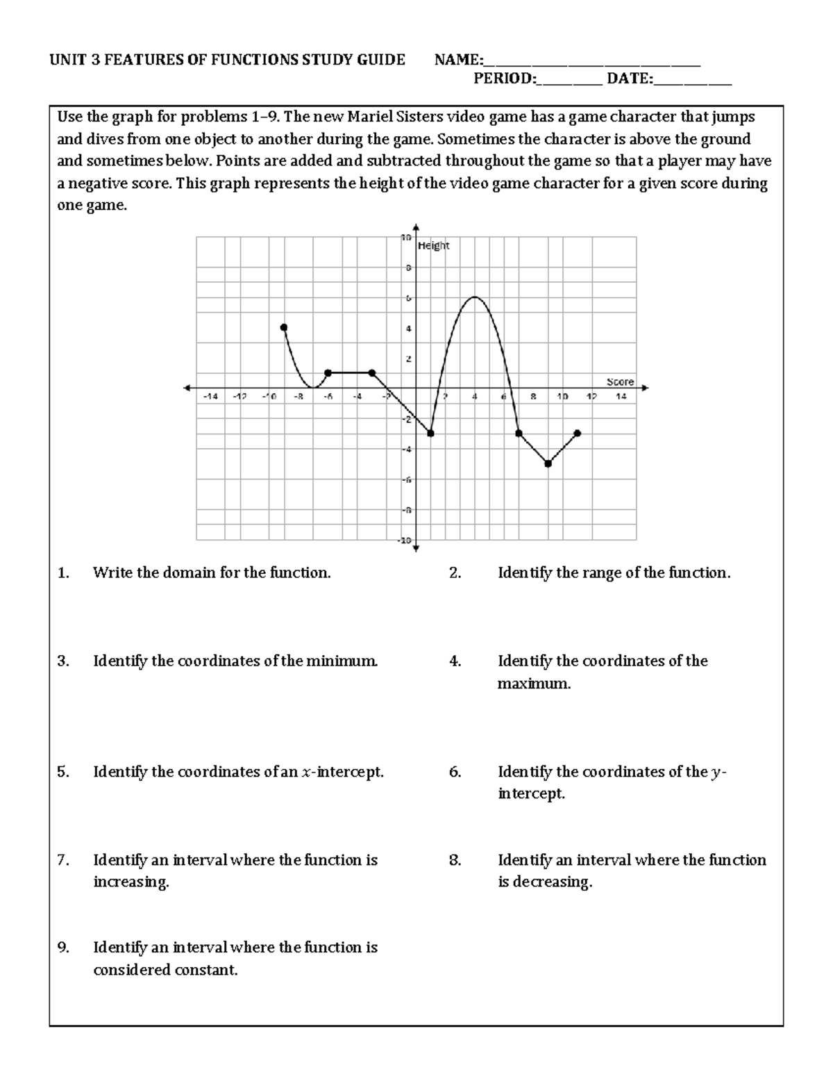 Unit 3 Features of Functions Study Guide - PERIOD:___________ DATE ...