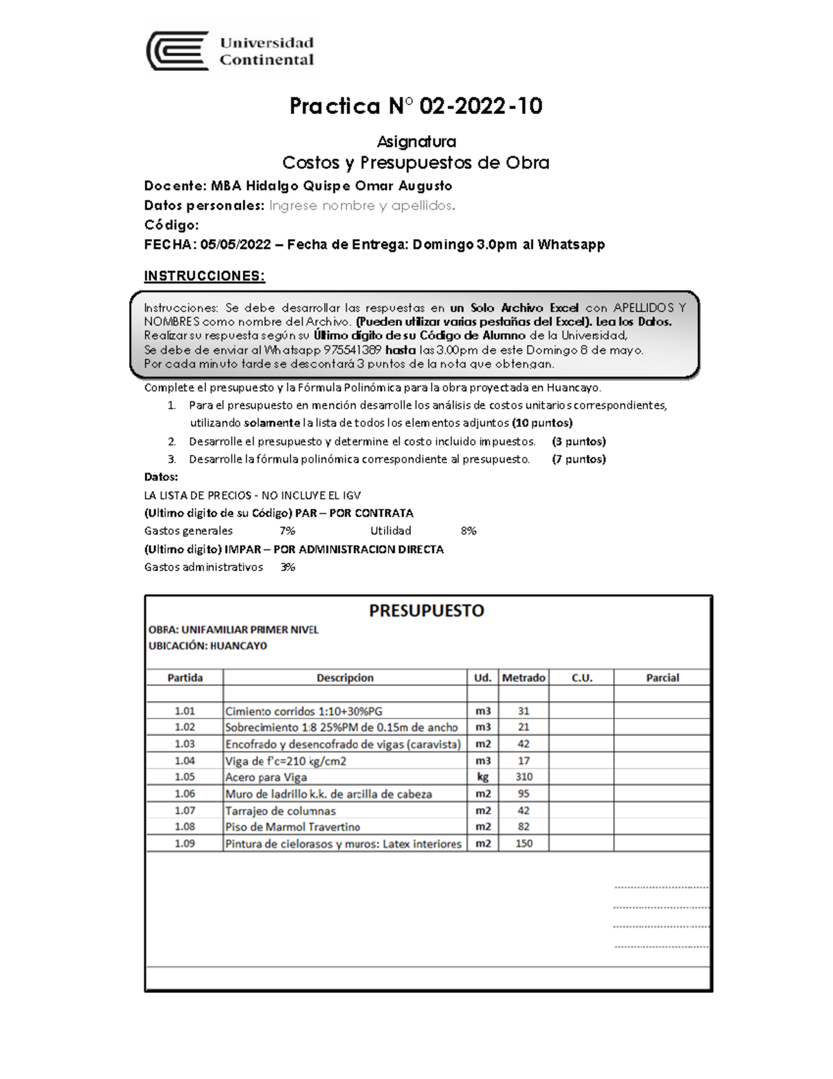 Practica 2 - Costos y Presupuestos - Jueves 05 - Practica N° 02-2022- Asignatura Costos y - Studocu