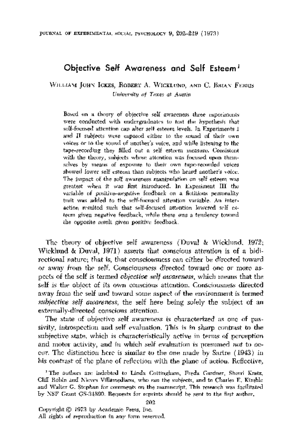 Ickes, W. J., Wicklund, R. A., & Ferris, C. B. (1973). Objective self ...