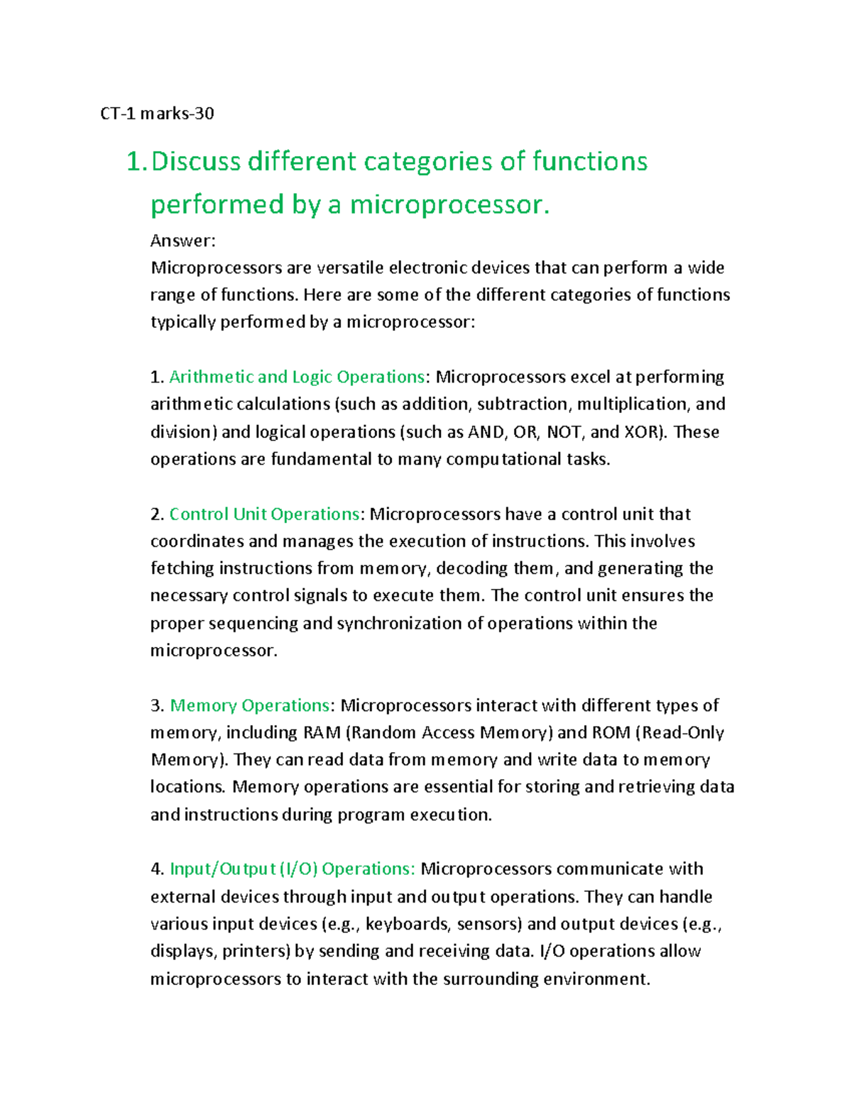 CT-question-solve - cse - CT-1 marks- 1. Discuss different categories of functions performed by ...