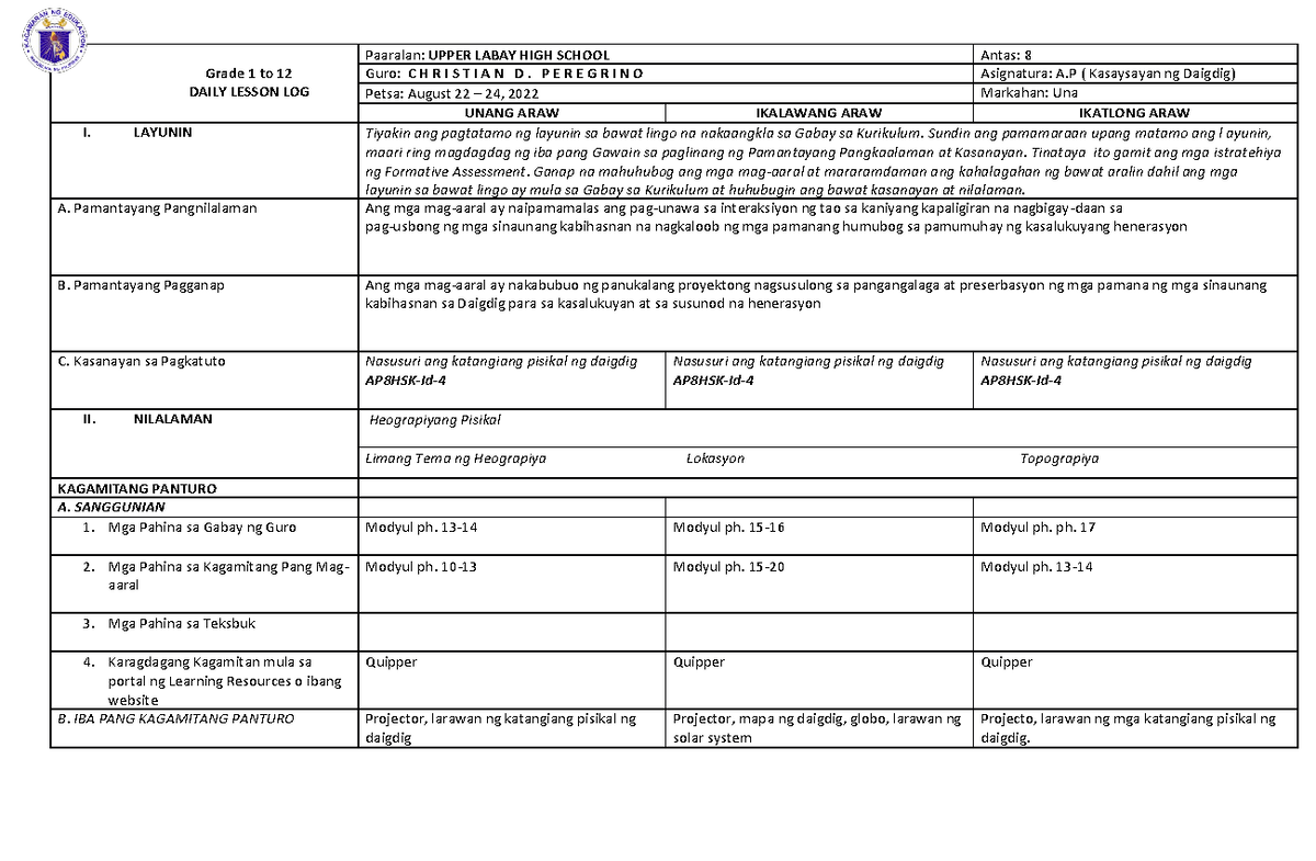 Week 1 - DLL - Grade 1 to 12 DAILY LESSON LOG Paaralan: UPPER LABAY ...