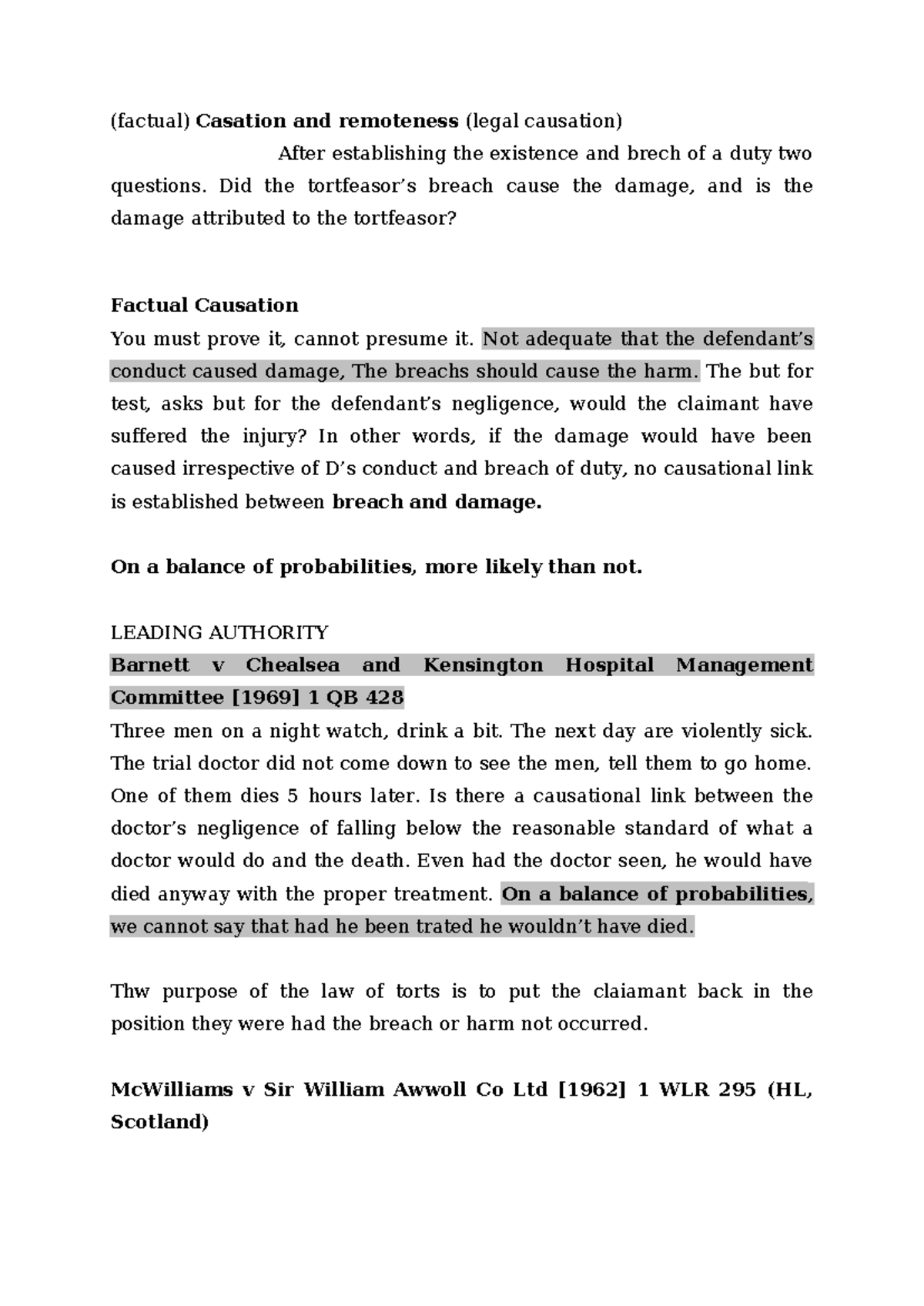 Tort 2 print - tort revision negligence, loss, duty of care, breach ...