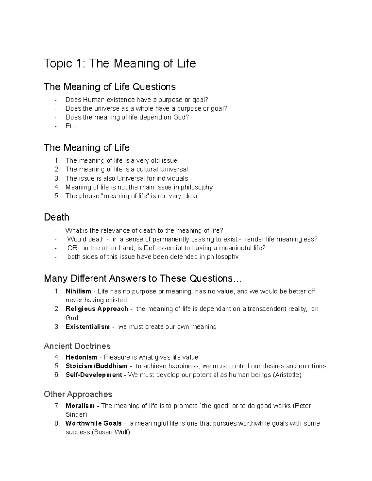 PHIL 1200A - Midterm Notes - Topic 1: The Meaning of Life The Meaning ...