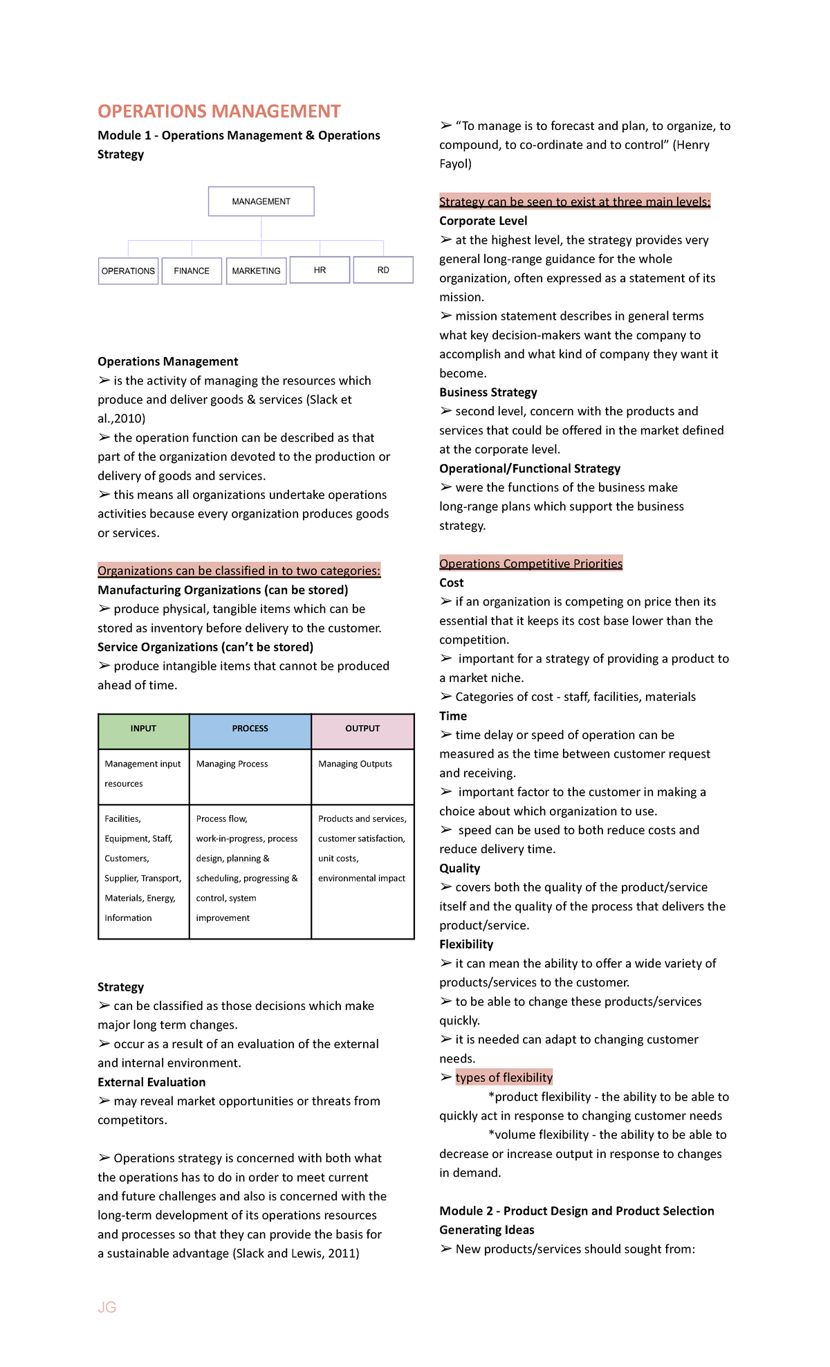 Operations Management Notes - OPERATIONS MANAGEMENT Module 1 ...