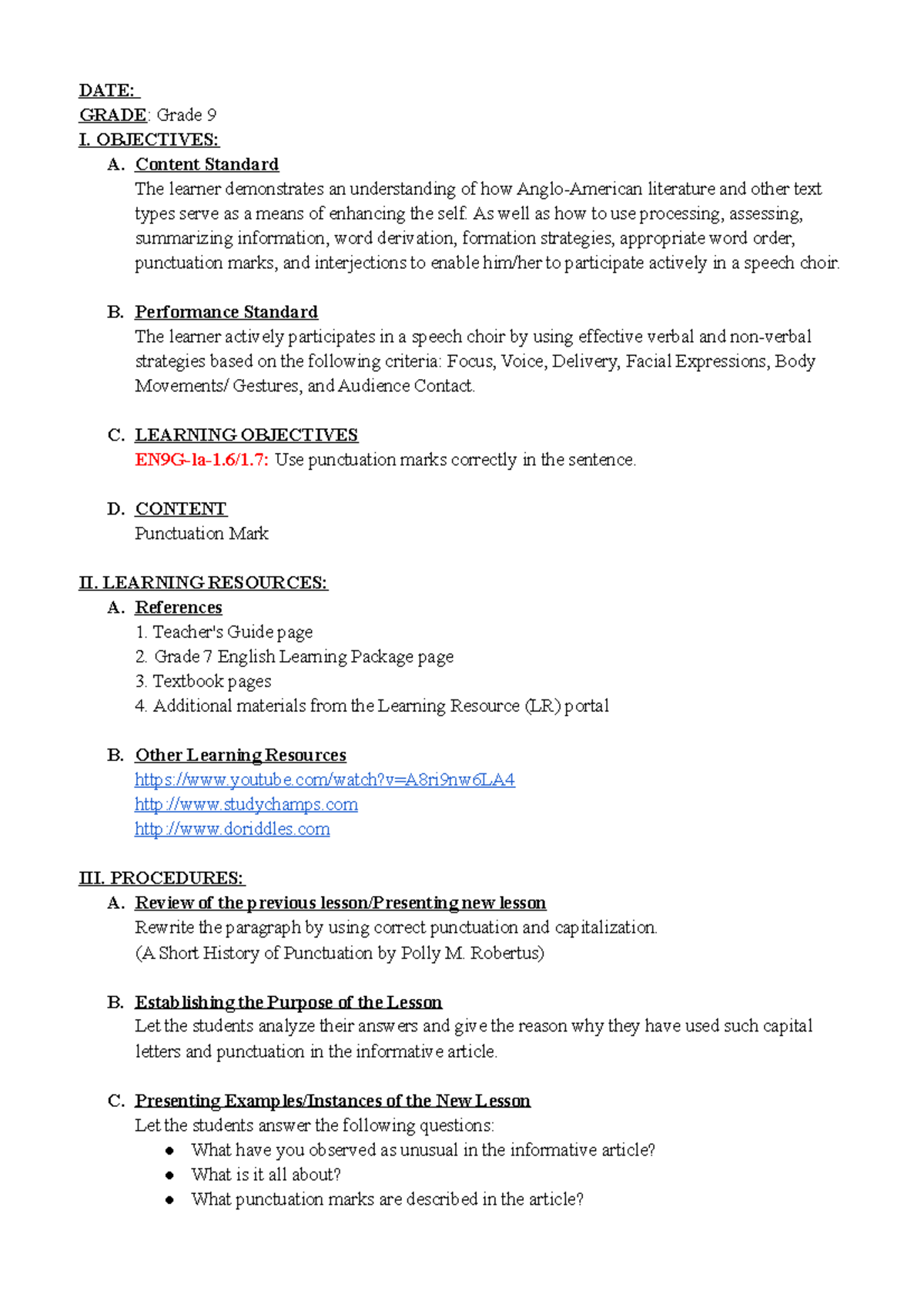 Lesson Plan - comma, exclamation point, period, semicolon, colon - DATE ...